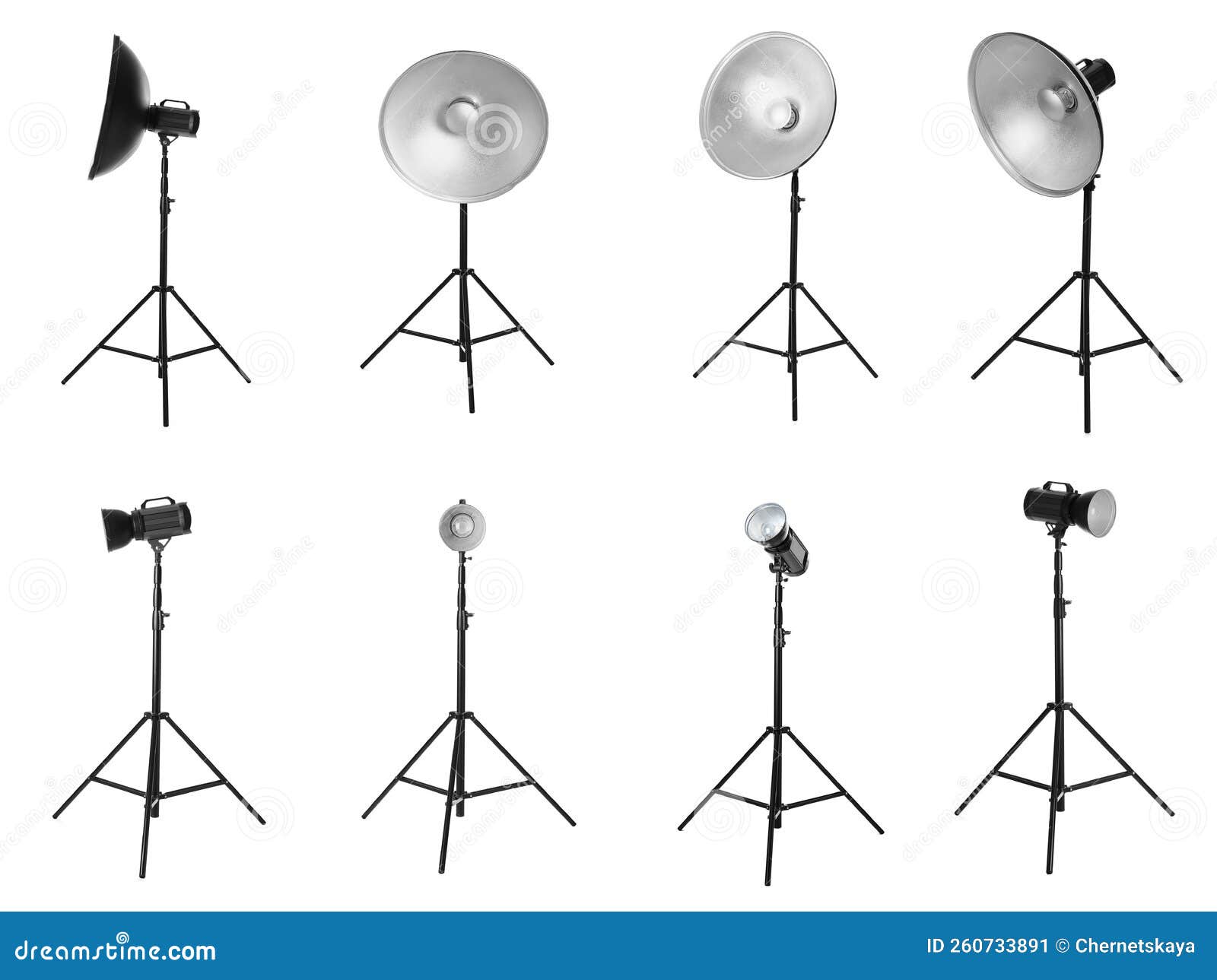 Set with Studio Flash Lights with Reflectors on Tripods Against White ...
