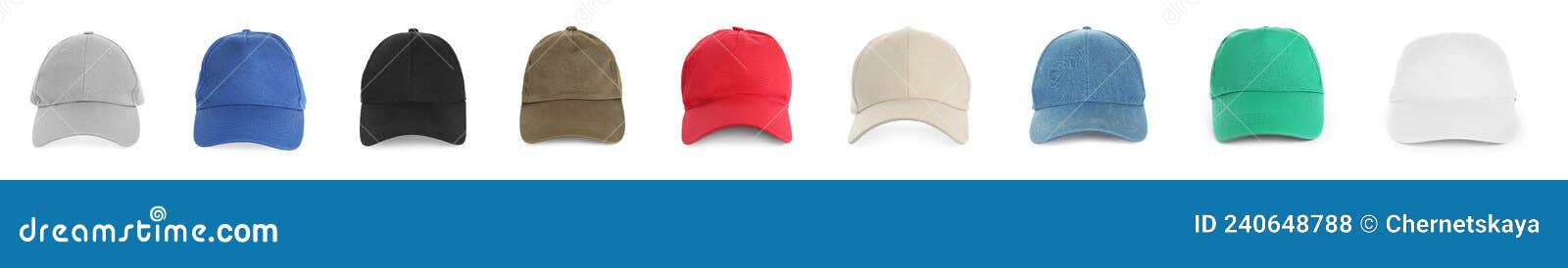Set with Stylish Baseball Caps on White Background. Banner Design Stock ...