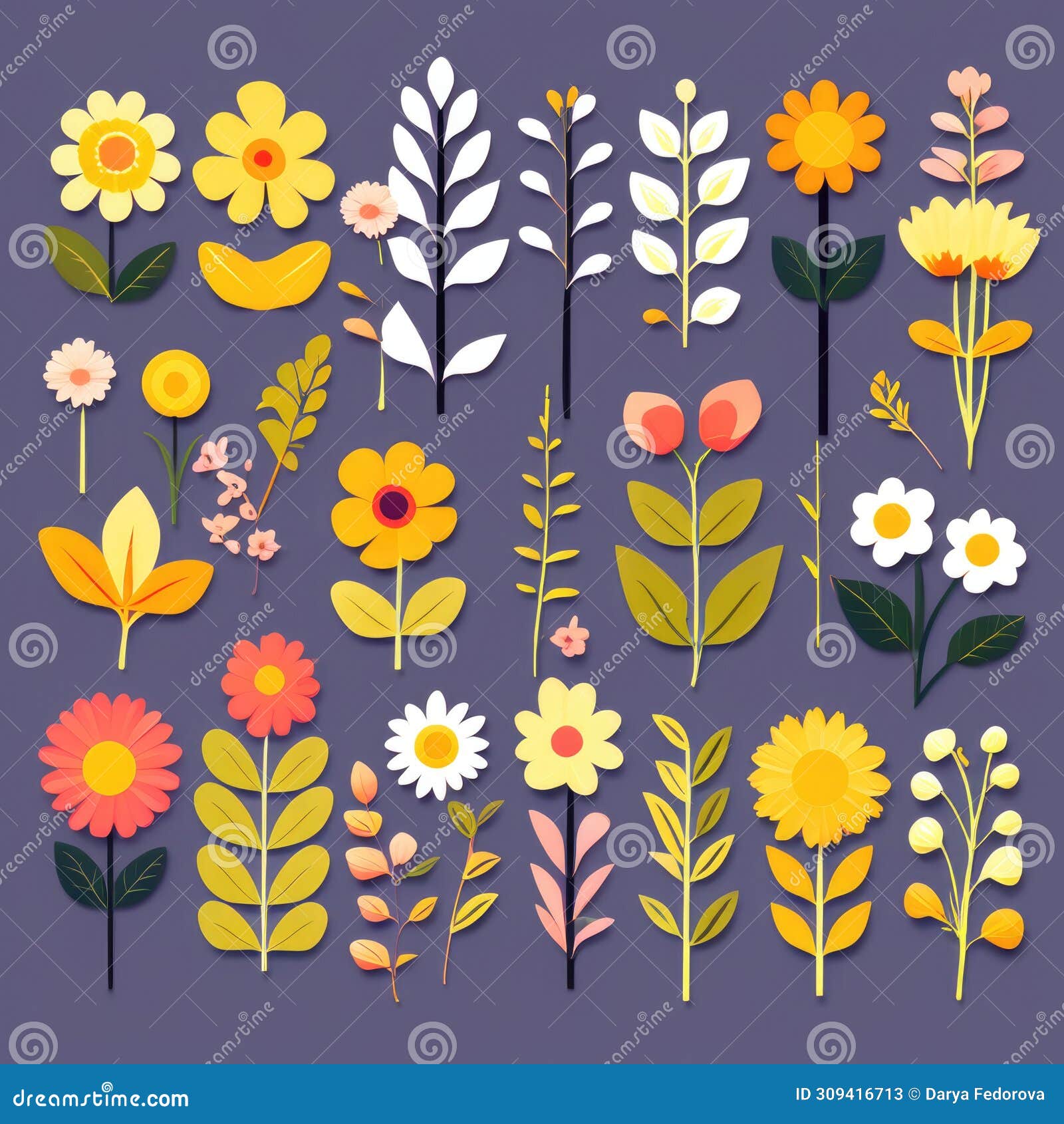 Set of Stylized Flat Design Flowers on a Soft Background Stock ...
