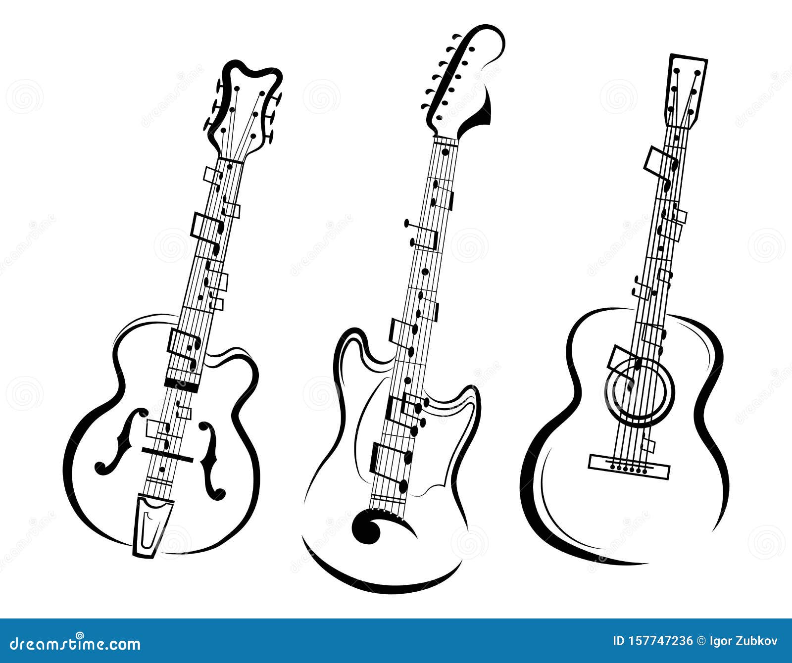 Set of Stylized Guitars. Collection of Electric Guitars with Notes ...