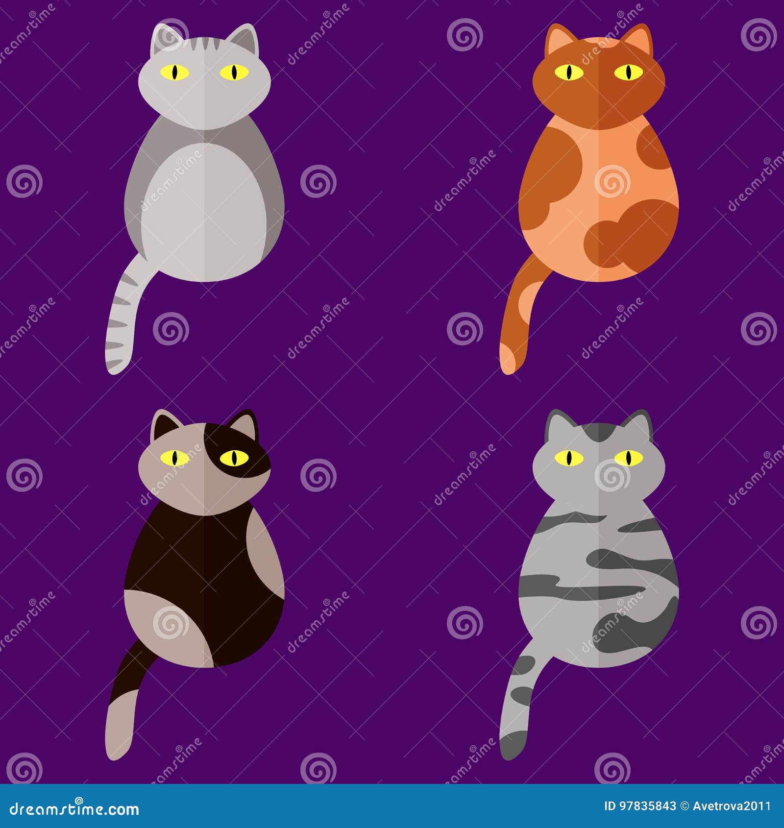Set Of Stylized Icons In Form Of Cats Of Different Breeds With Yellow ...