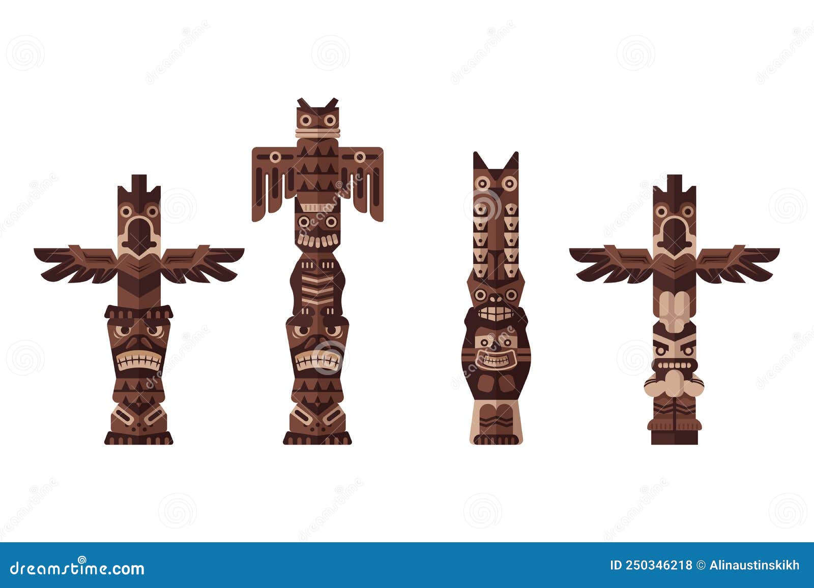Set Of Stylized Native American Totems. Flat Vector Isolated On White ...