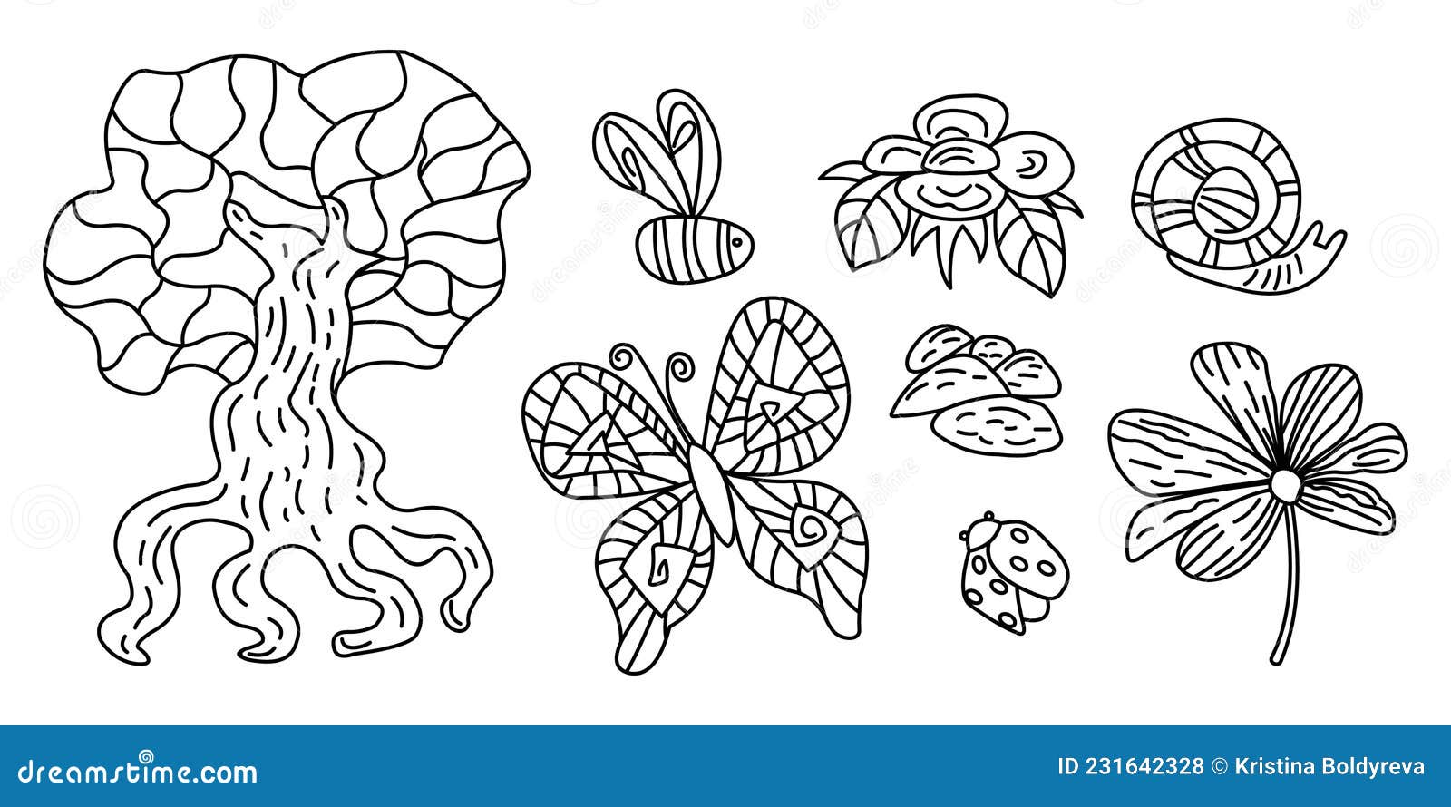 Set of Stylized Natural Elements Tree, Butterfly, Bee, Flower, Snail ...