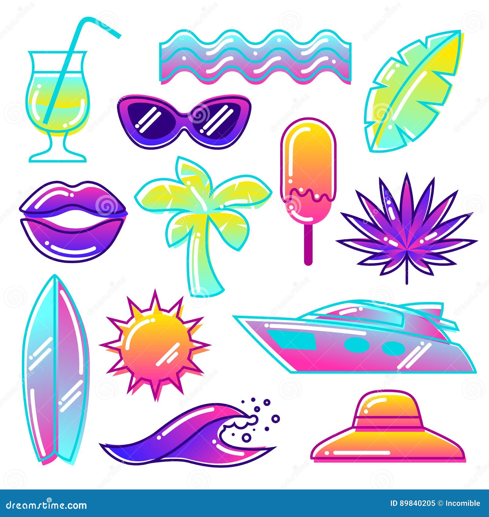Set of Stylized Summer Objects. Abstract Illustration in Vibrant Color ...