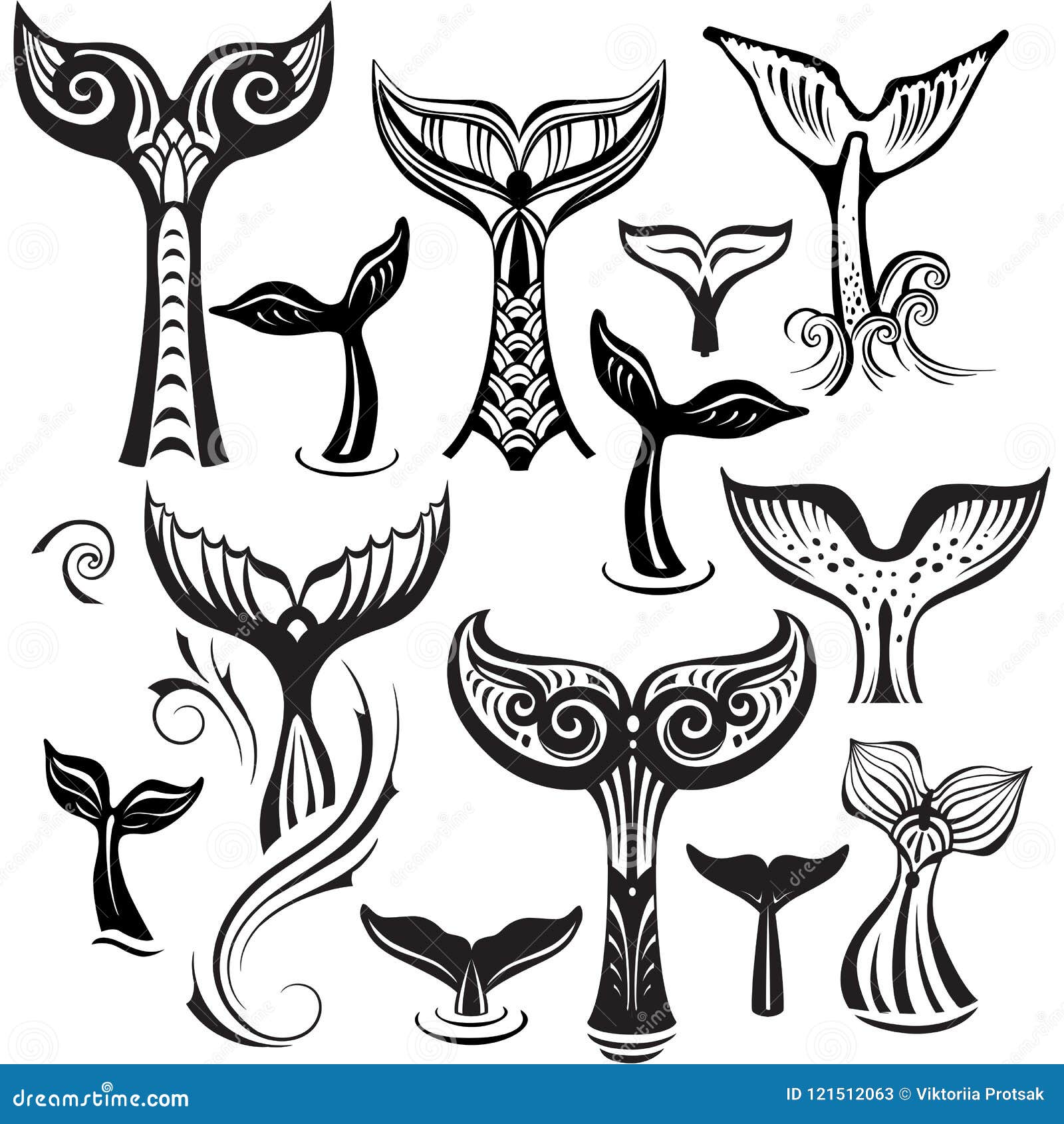 Set of Stylized Tails of a Whale Stock Vector - Illustration of tail ...
