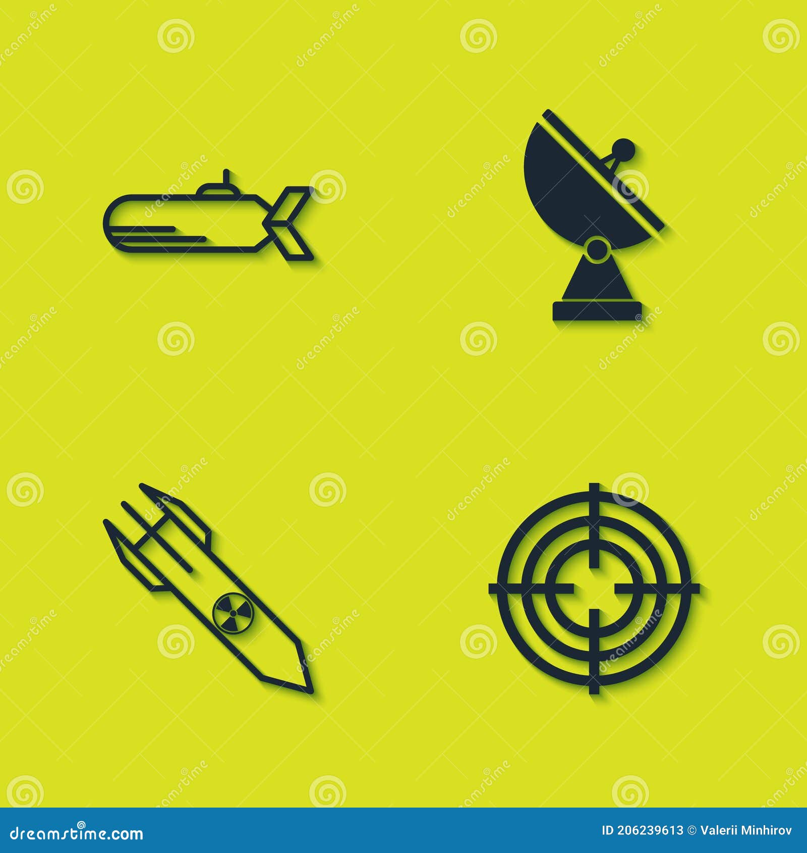 Set Submarine, Target Sport, Nuclear Rocket and Radar Icon. Vector ...
