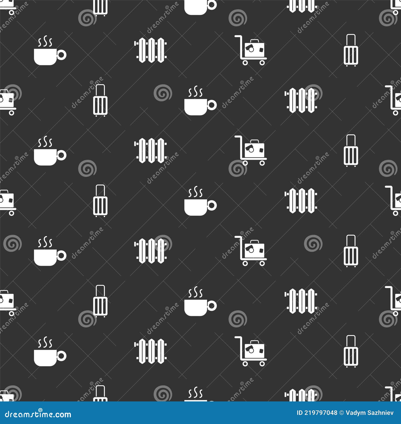 Set Suitcase, , Coffee Cup and Heating Radiator on Seamless Pattern ...