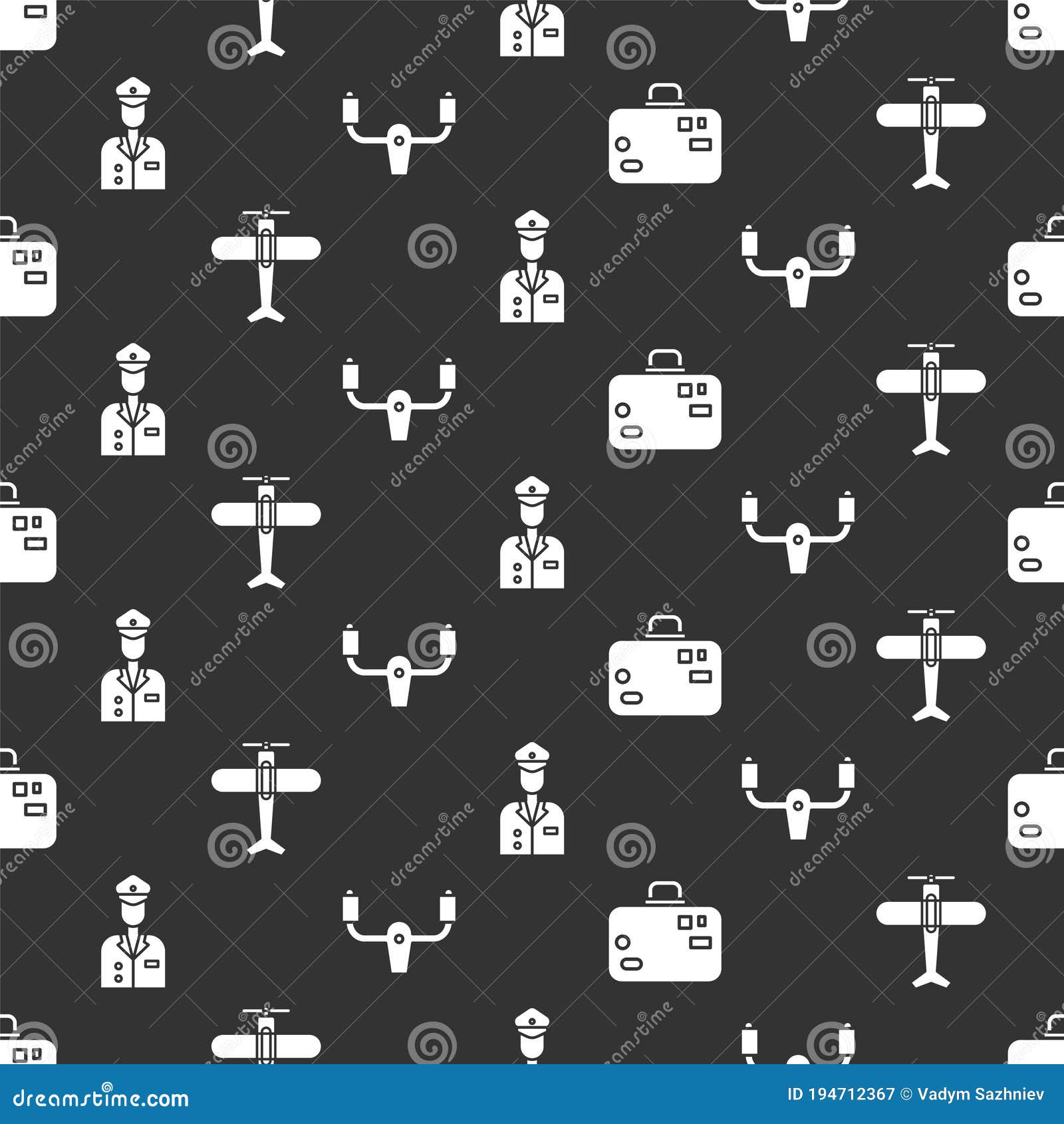 Set Suitcase, Plane, Pilot and Aircraft Steering Helm on Seamless ...