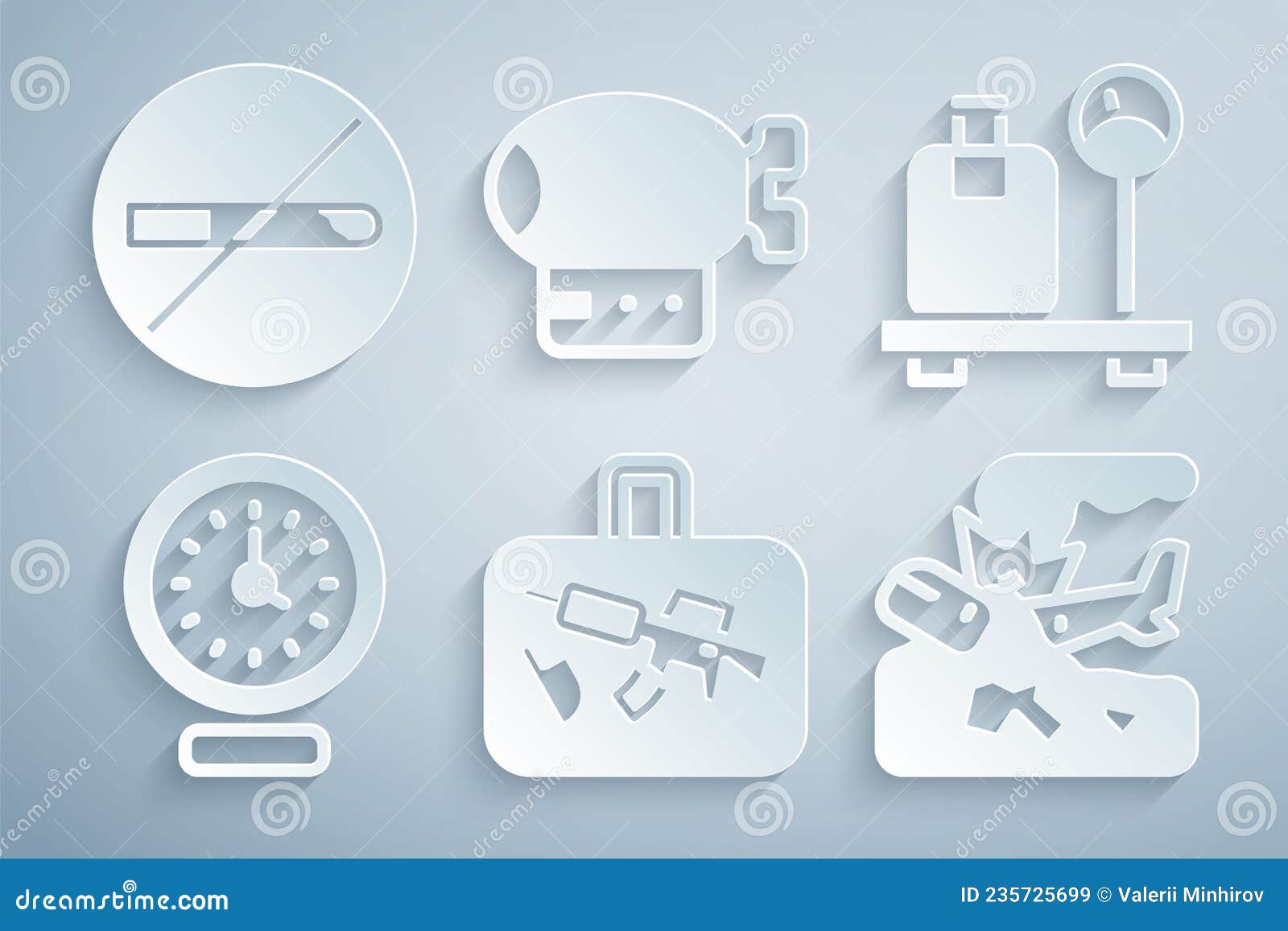 Set Suitcase, Scale with Suitcase, Clock, Plane Crash, Airship and No ...