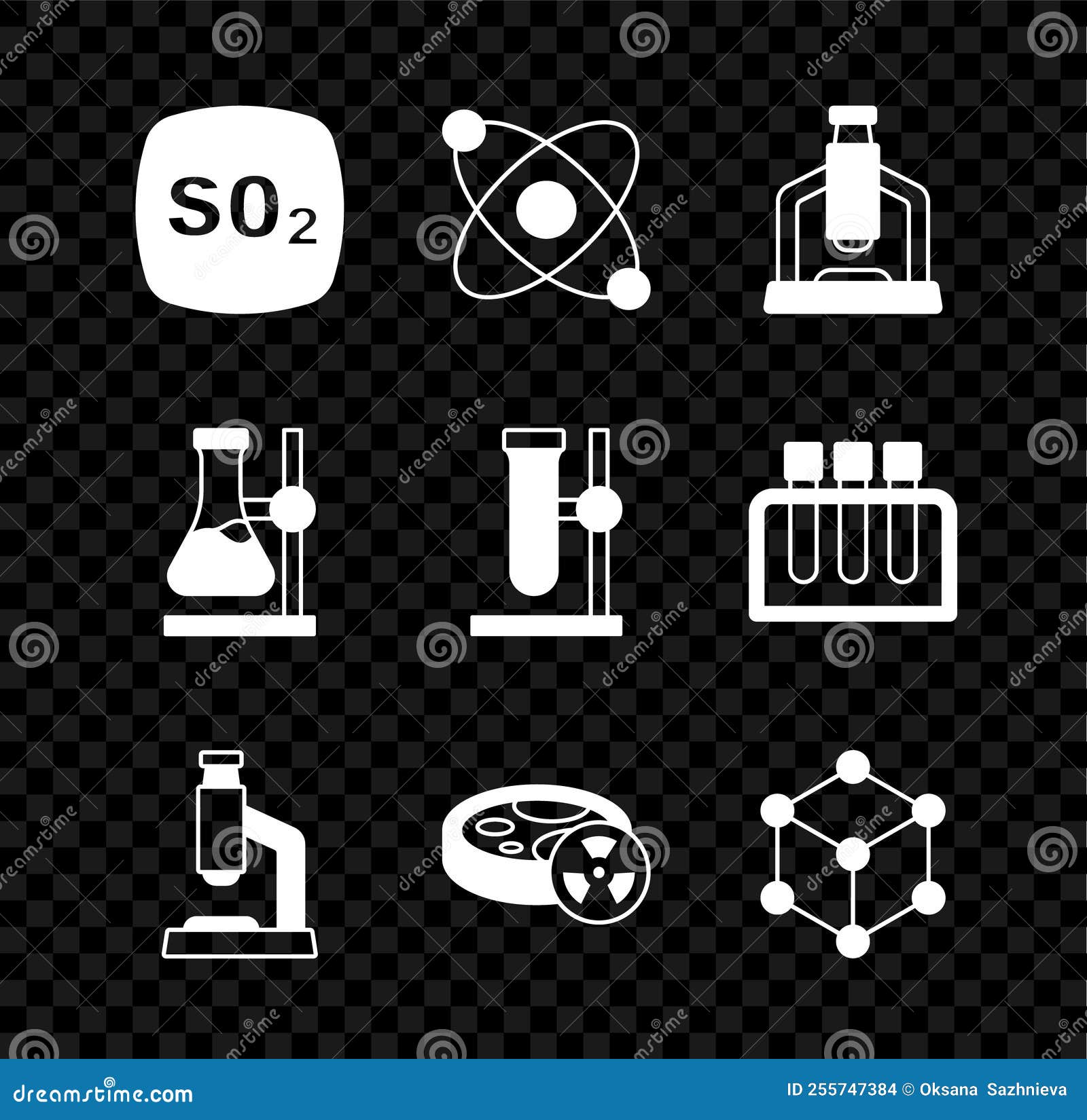 Set Sulfur Dioxide SO2, Atom, Microscope, Test Tube with Toxic Liquid ...