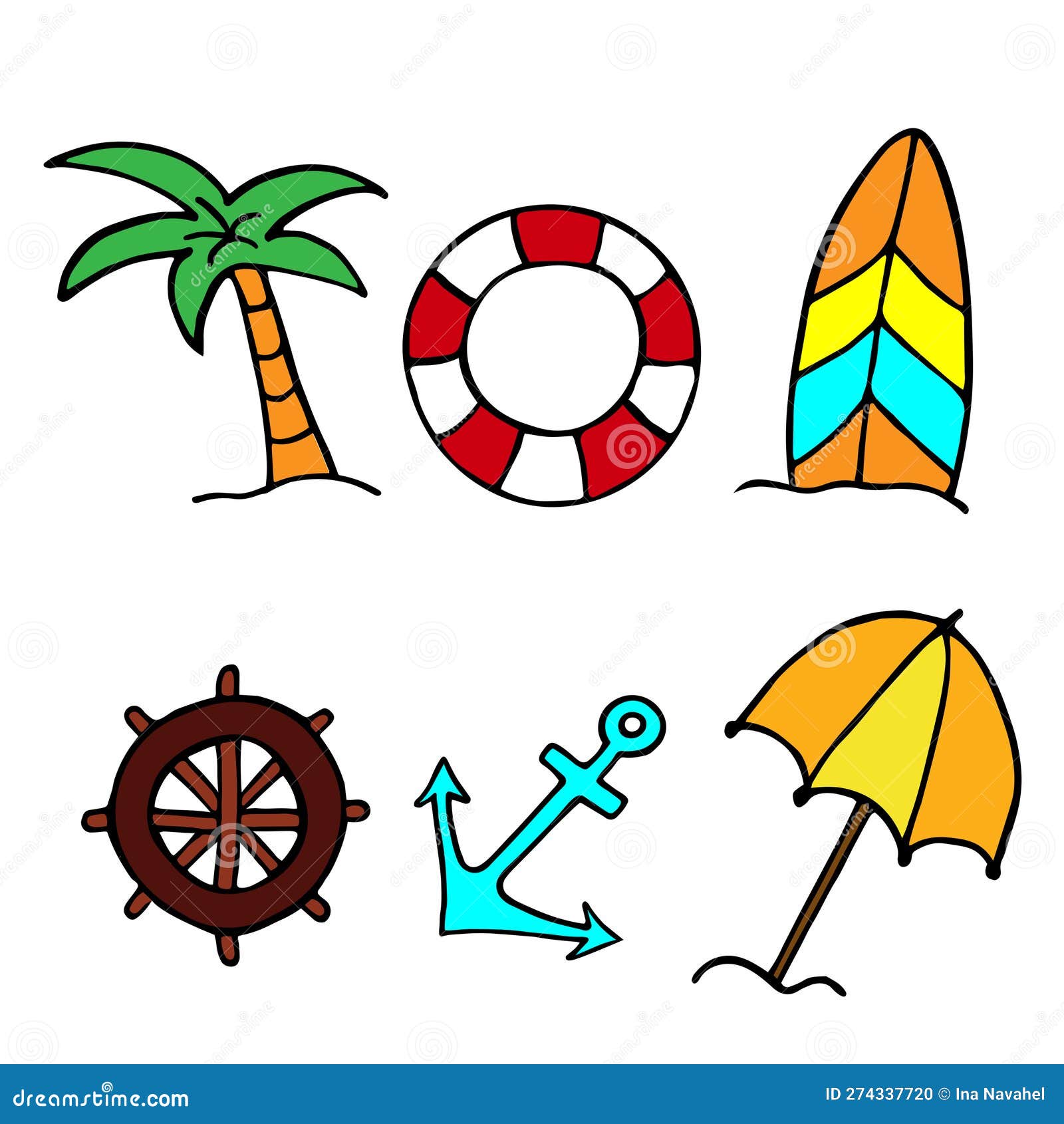 Set of Summer Beach Elements in Hand Drawn Doodle Style. Monochrome ...