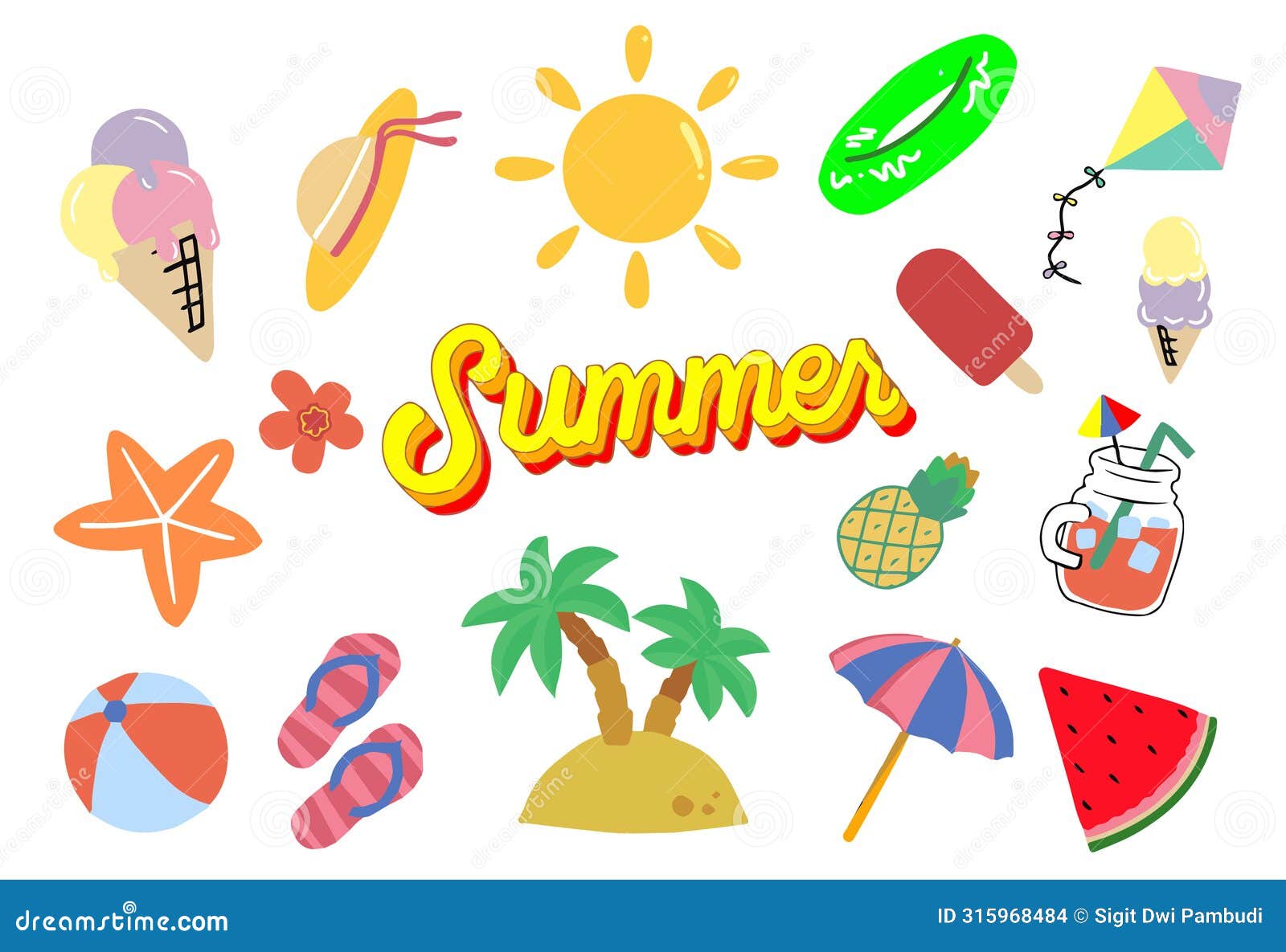Set of summer doodles stock illustration. Illustration of cute - 315968484