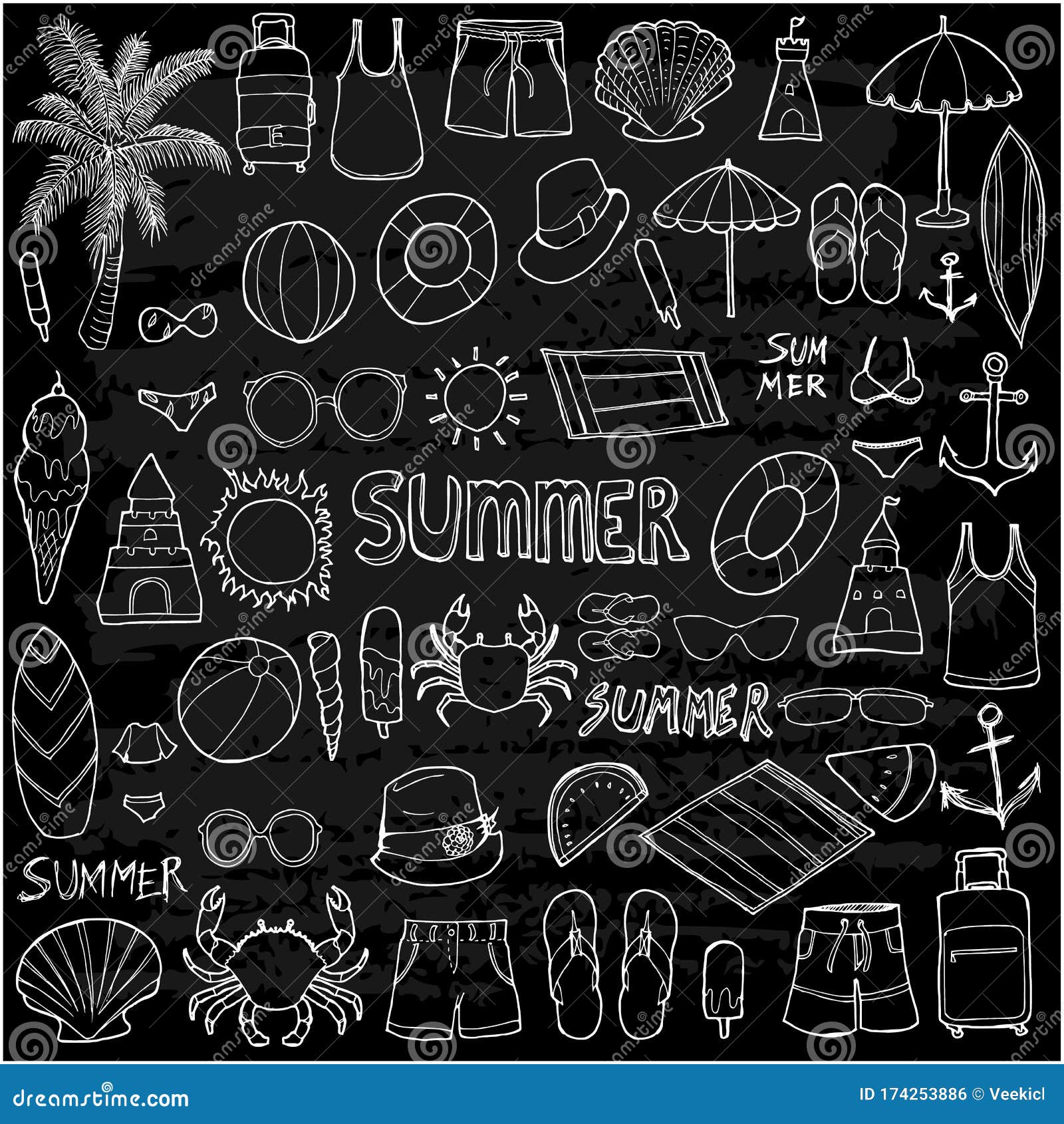 Set of Summer Drawing Illustration Hand Drawn Doodle Sketch Line Vector ...