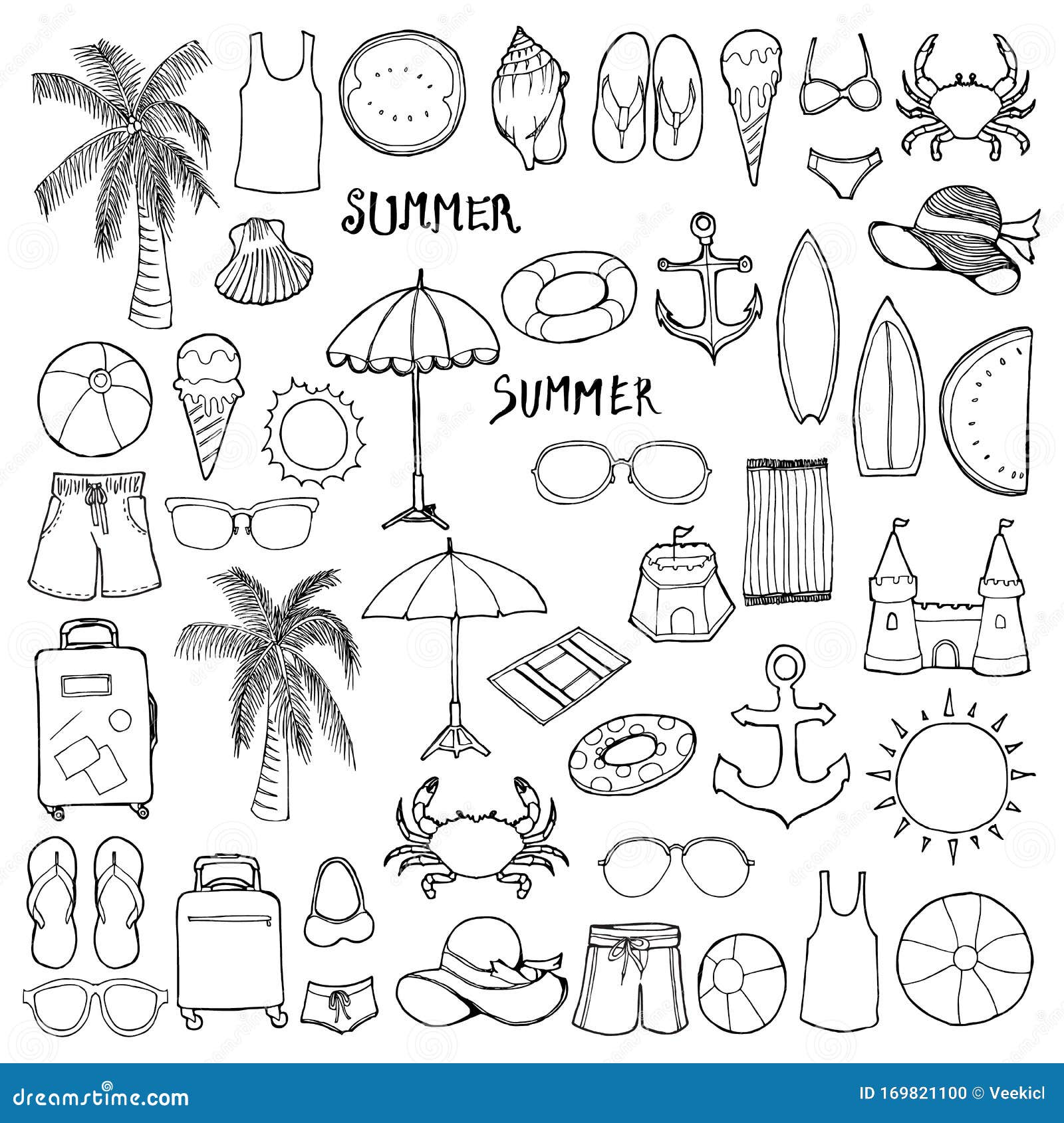 Set of Summer Drawing Illustration Hand Drawn Doodle Sketch Line Vector ...