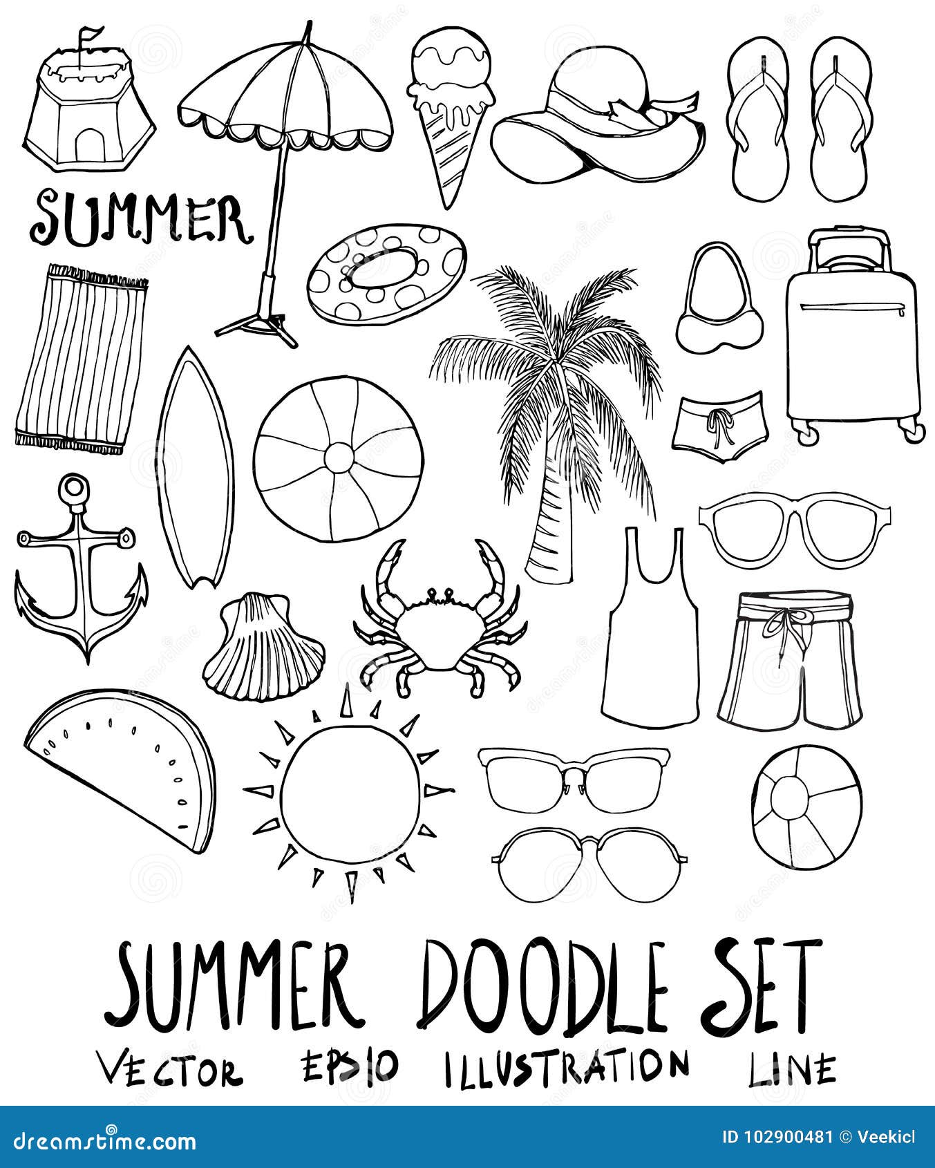 Set of Summer Illustration Hand Drawn Doodle Sketch Line Vector Stock ...