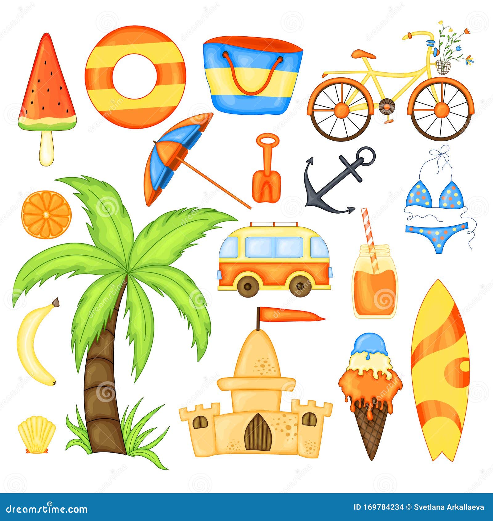 Set of Summer Items for Vacation. Summer Cartoon Collection in Vector ...