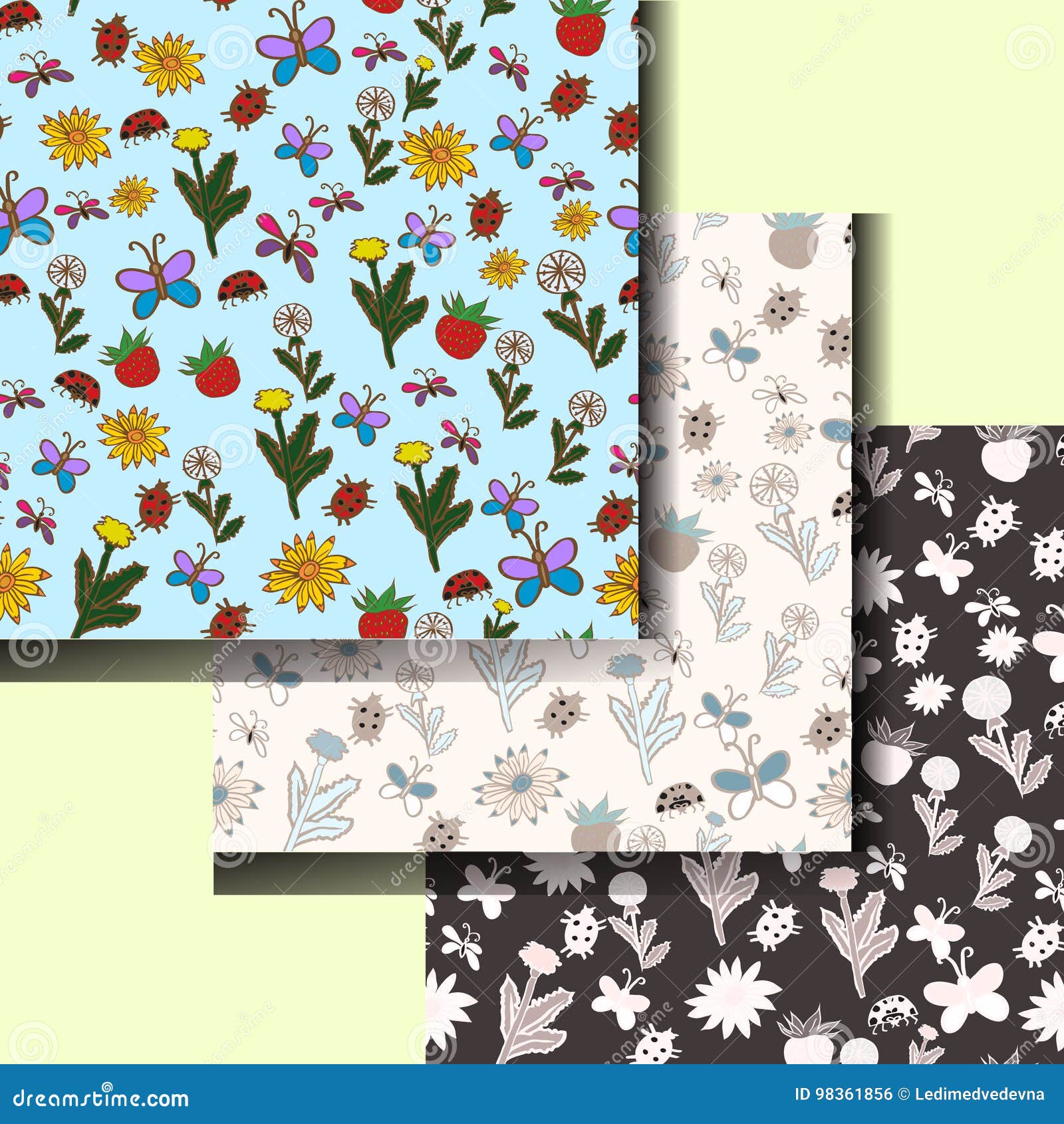 Set of Summer Patterns with Flowers and Insects. Vector Illustration ...