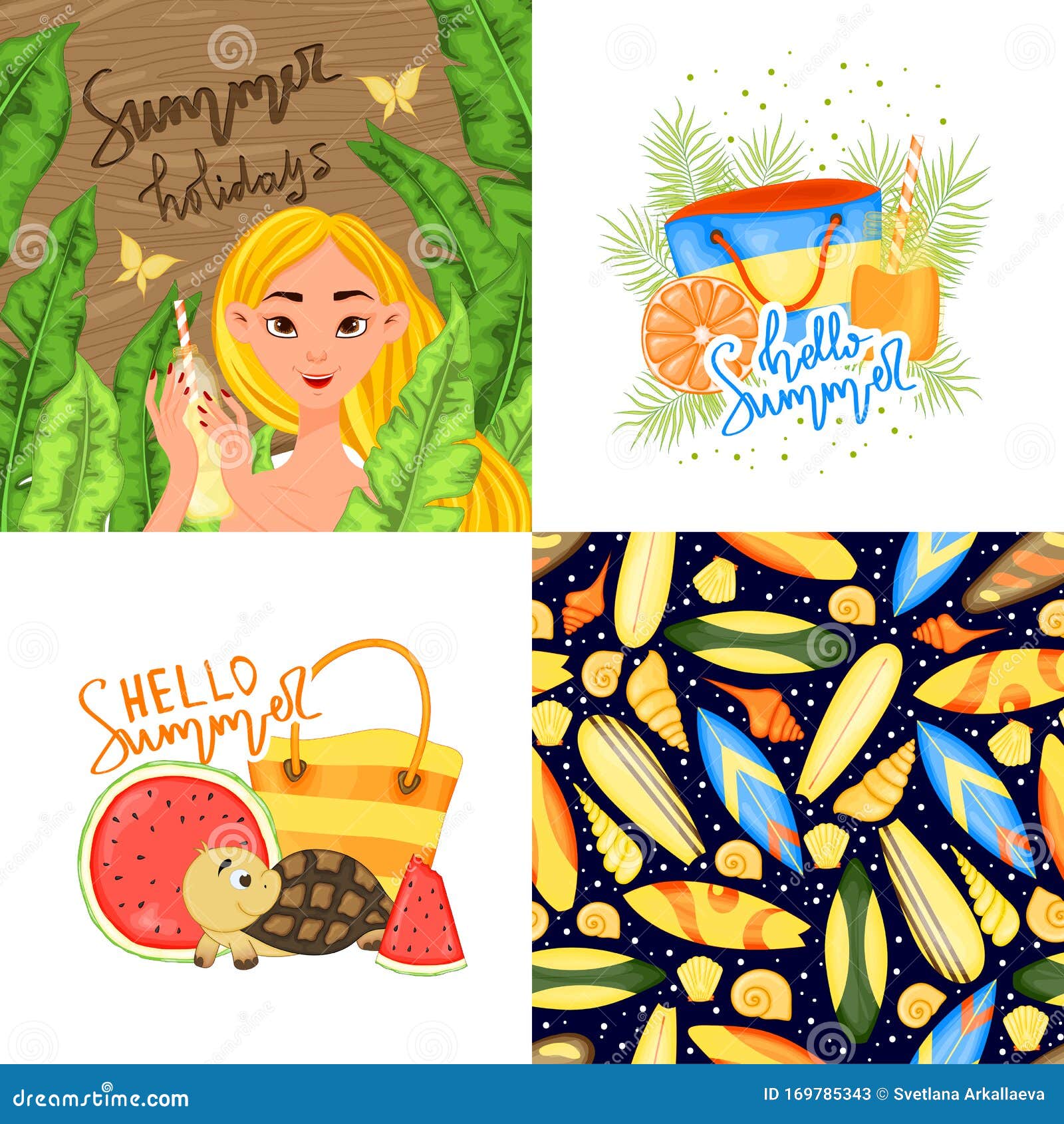 Set of Summer Template for Text and Pattern. Cartoon Style Stock ...