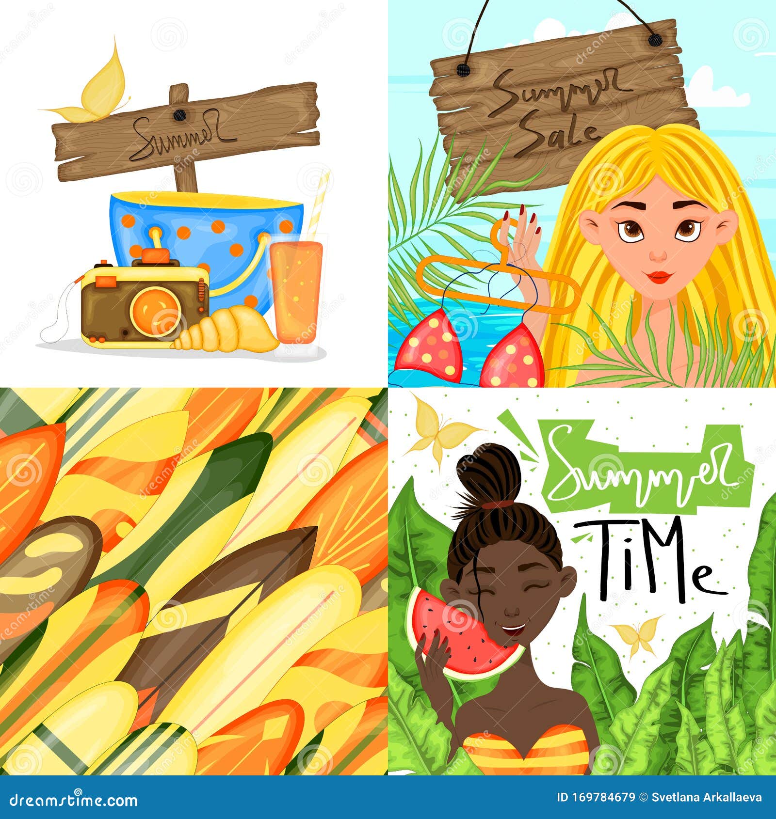 Set of Summer Template for Text and Pattern. Cartoon Style Stock ...