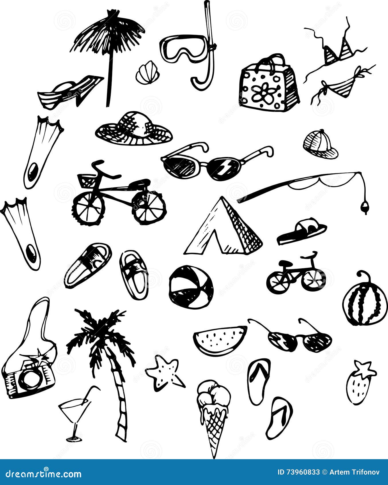 Set of Summer, Vacation Sketches Stock Vector - Illustration of camera ...