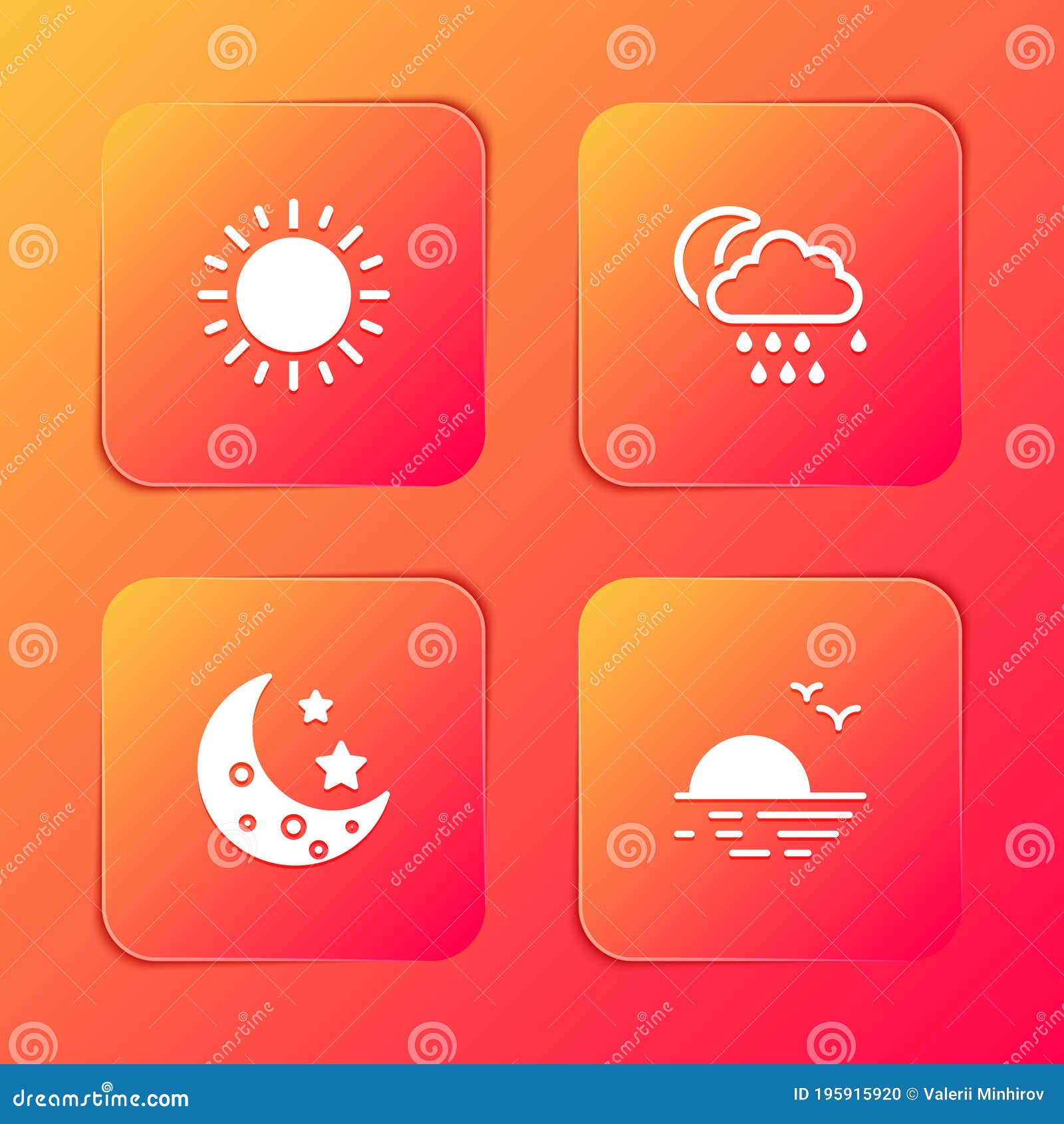 Set Sun, Cloud with Rain and Moon, Moon Stars and Sunset Icon. Vector ...