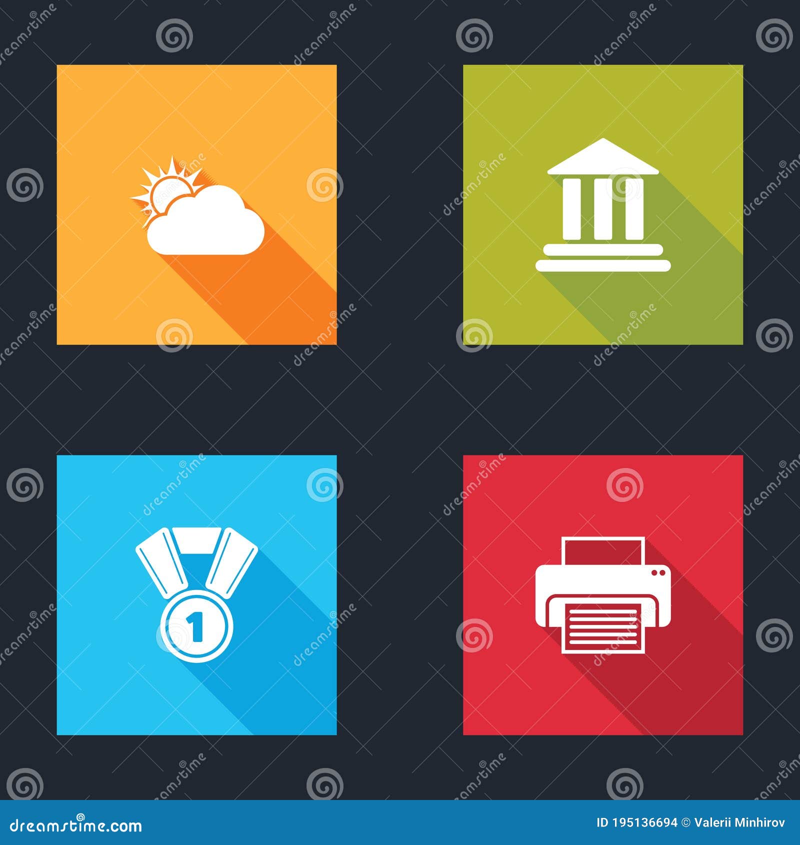 Set Sun and Cloud Weather, Bank Building, Medal and Printer Icon ...