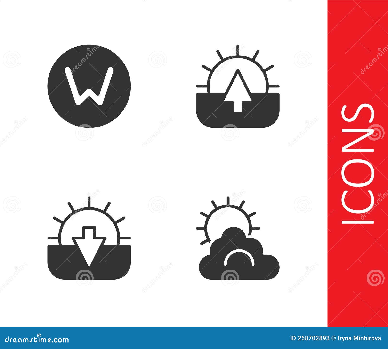 Set Sun and Cloud Weather, Compass North, Sunset and Sunrise Icon ...
