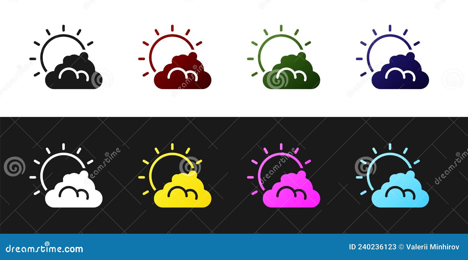 Set Sun and Cloud Weather Icon Isolated on Black and White Background ...