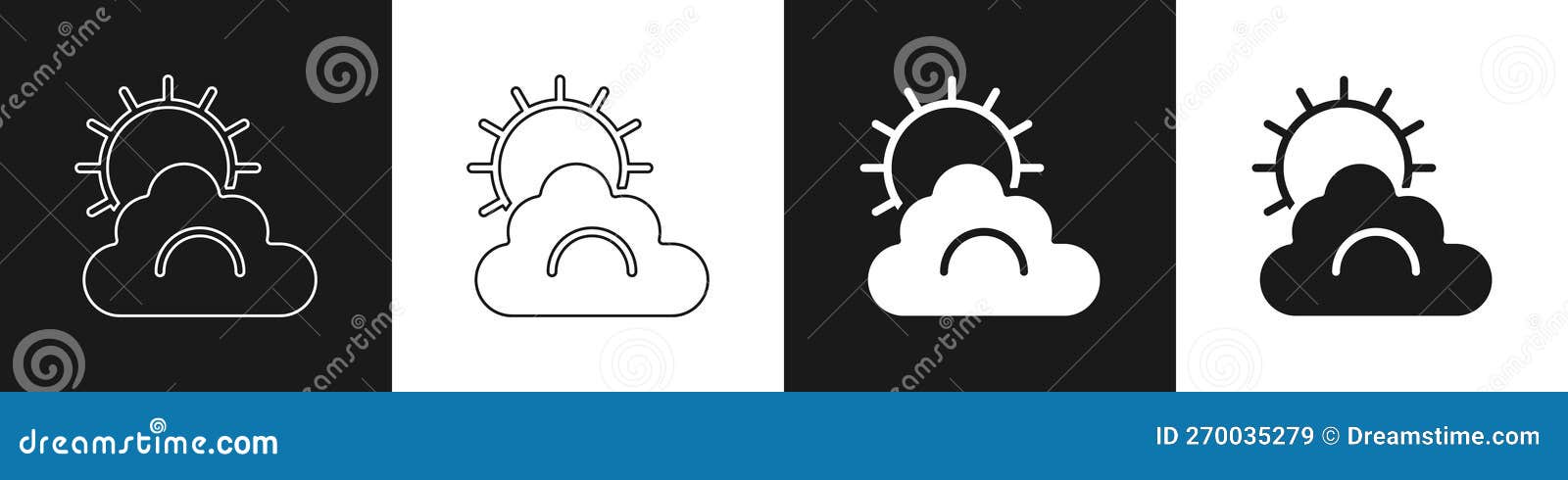 Set Sun and Cloud Weather Icon Isolated on Black and White Background ...
