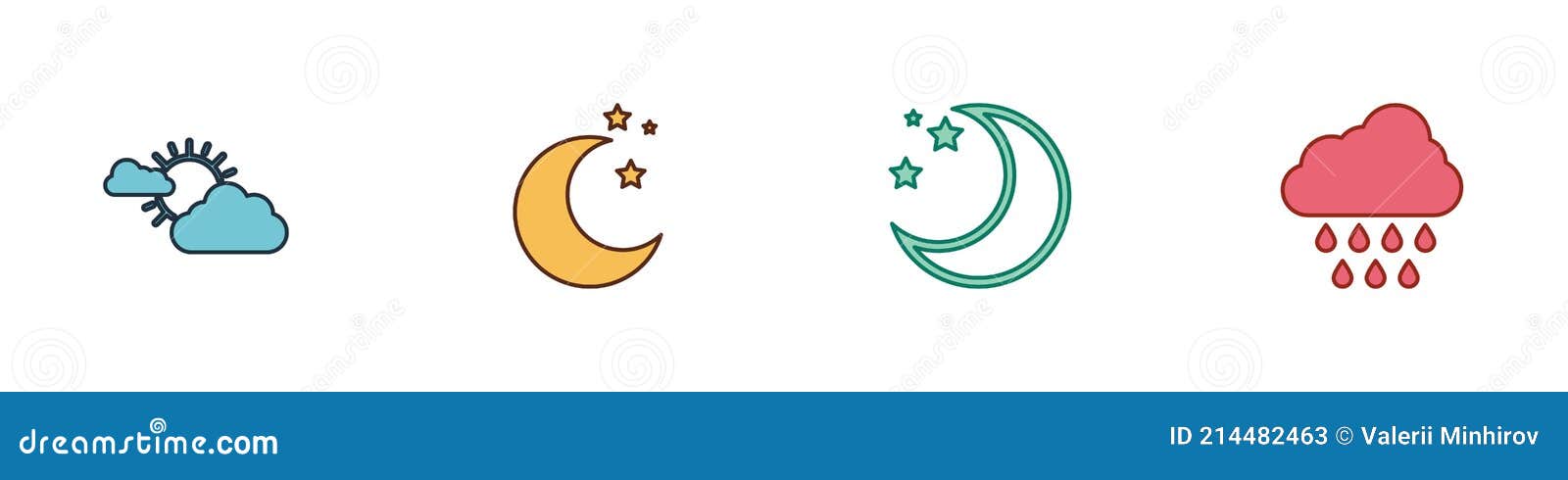 Set Sun and Cloud Weather, Moon Stars, and Cloud with Rain Icon. Vector ...