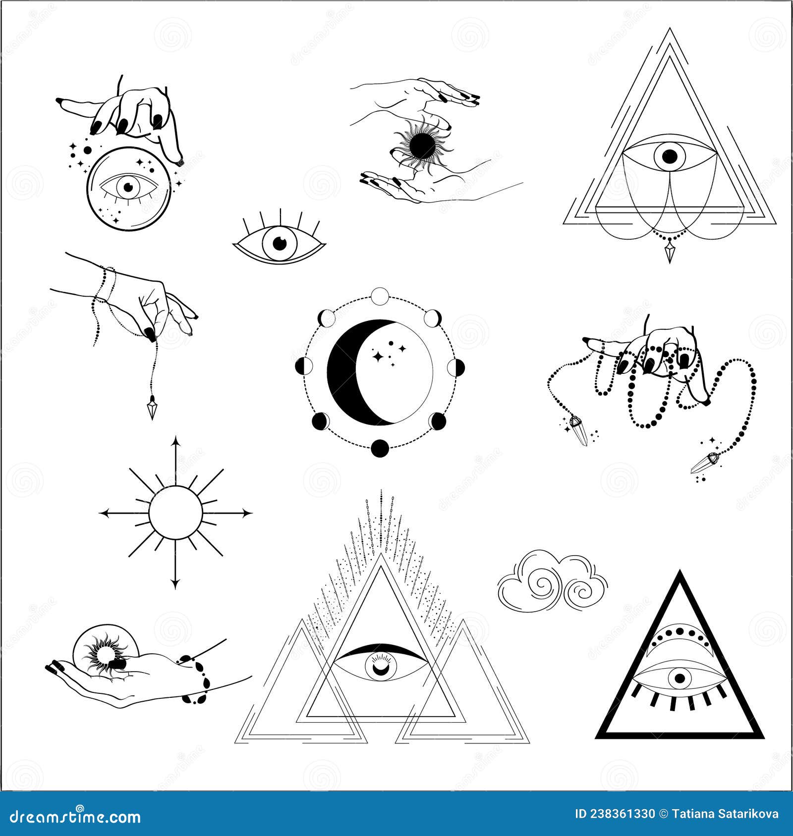 Set of Sun, Moon, Stars, Clouds, and Esoteric Symbols. Esoteric Symbols ...