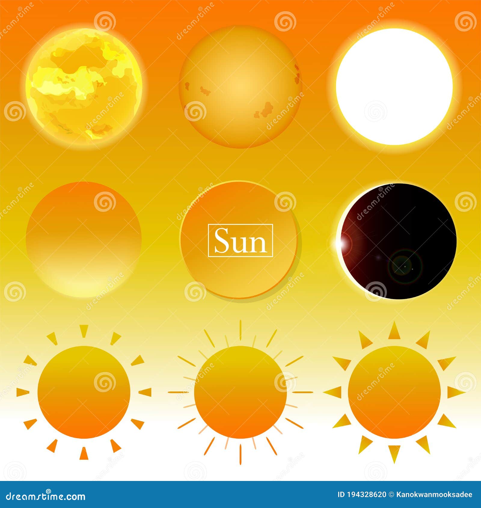 Set of Sun Realistic and Icon Different Style. Vector Illustration ...