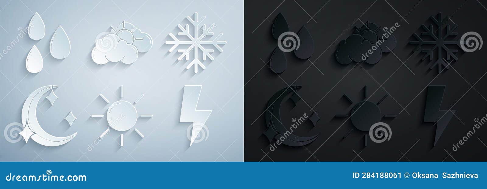 Set Sun, Snowflake, Moon and Stars, Lightning Bolt, Cloud Weather and ...