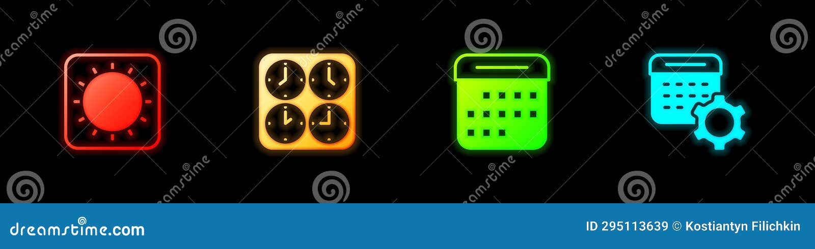 Set Sun, Time Zone Clocks, Calendar and Settings Icon. Vector Stock ...