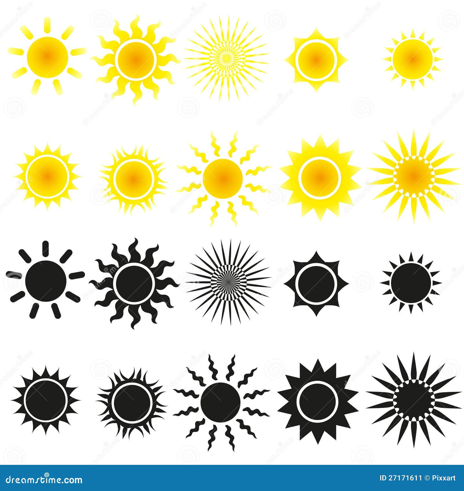 Set of Sun Vectors in Yellow and Black Stock Vector - Illustration of ...