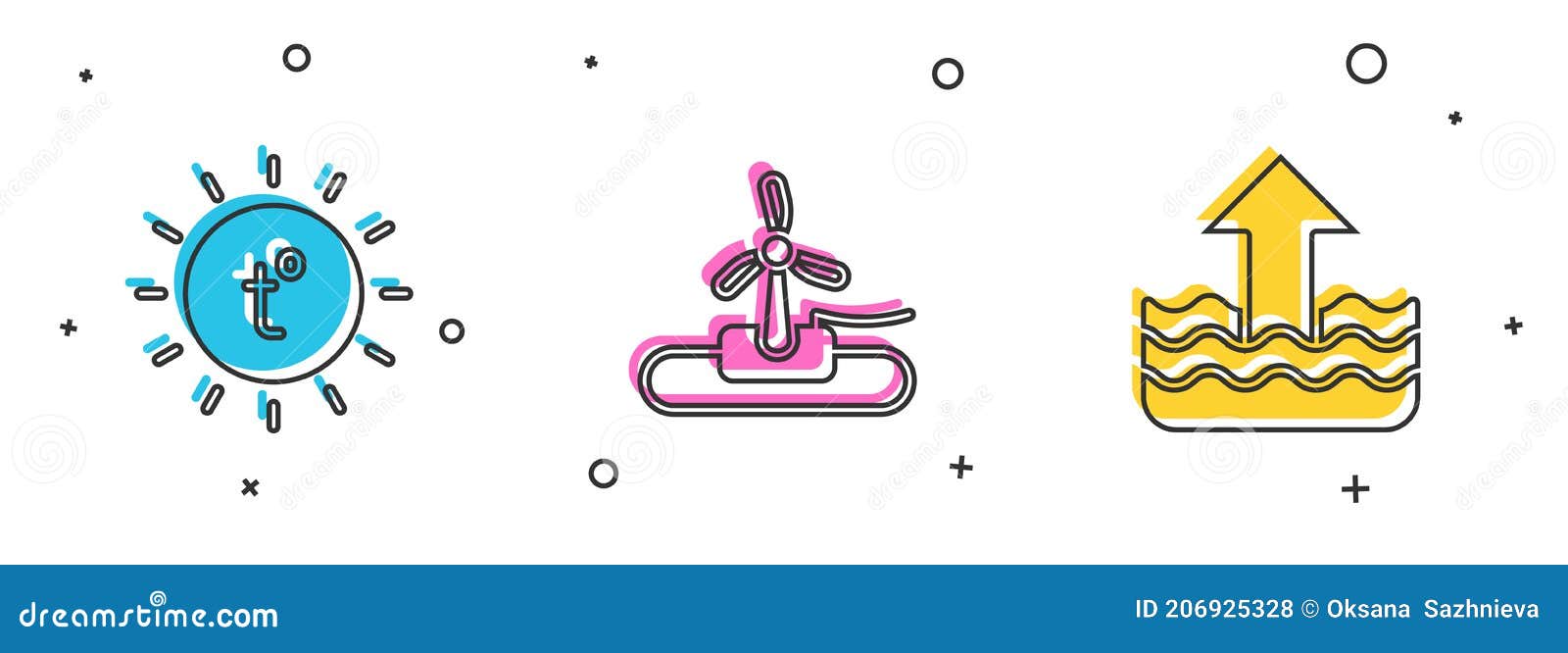 Set Sun, Wind Turbine and Rise Water Level Icon. Vector Stock ...