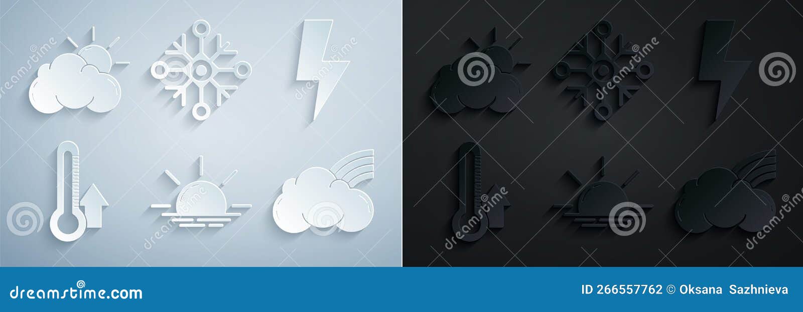 Set Sunrise, Lightning Bolt, Thermometer, Rainbow with Clouds ...
