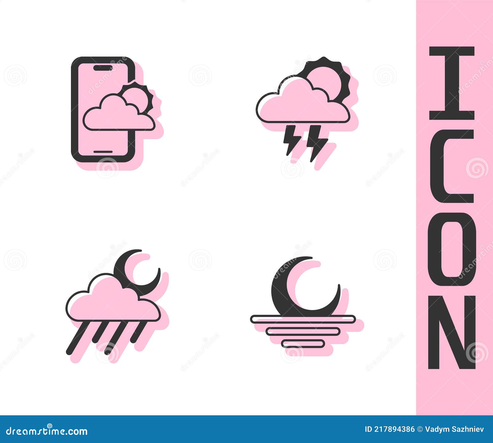 Set Sunset, Weather Forecast, Cloud with Rain and Moon and Storm Icon ...