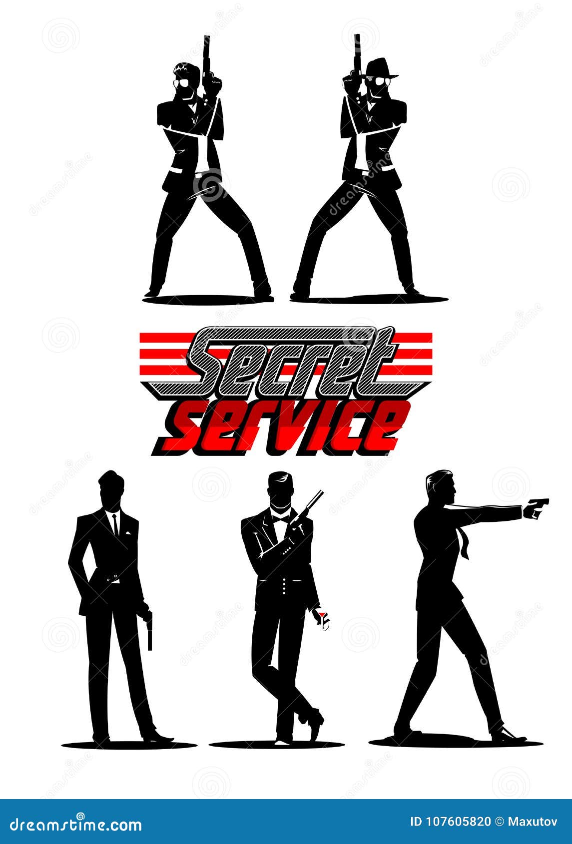 Set of Super Agents. Posing on Camera. Man in Black Stock Vector ...