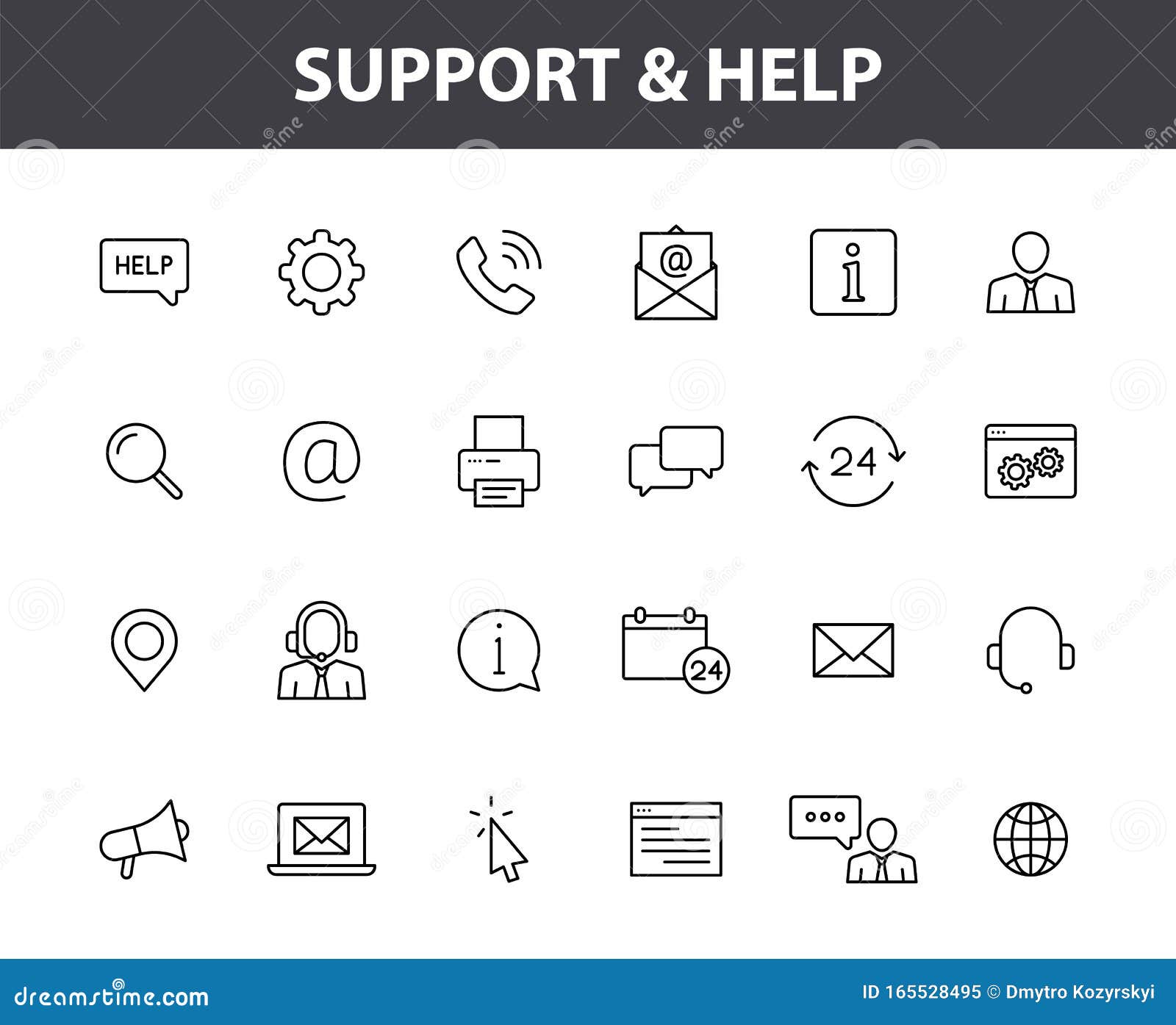 Set of 24 Support and Help Web Icons in Line Style. Assistance, Email ...