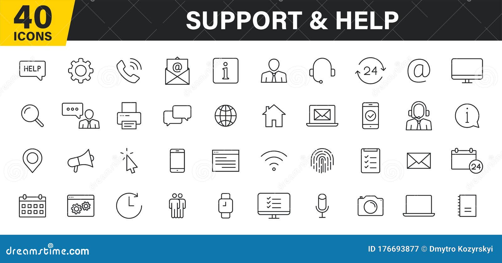 Set of 40 Support and Help Web Icons in Line Style. Assistance, Email ...