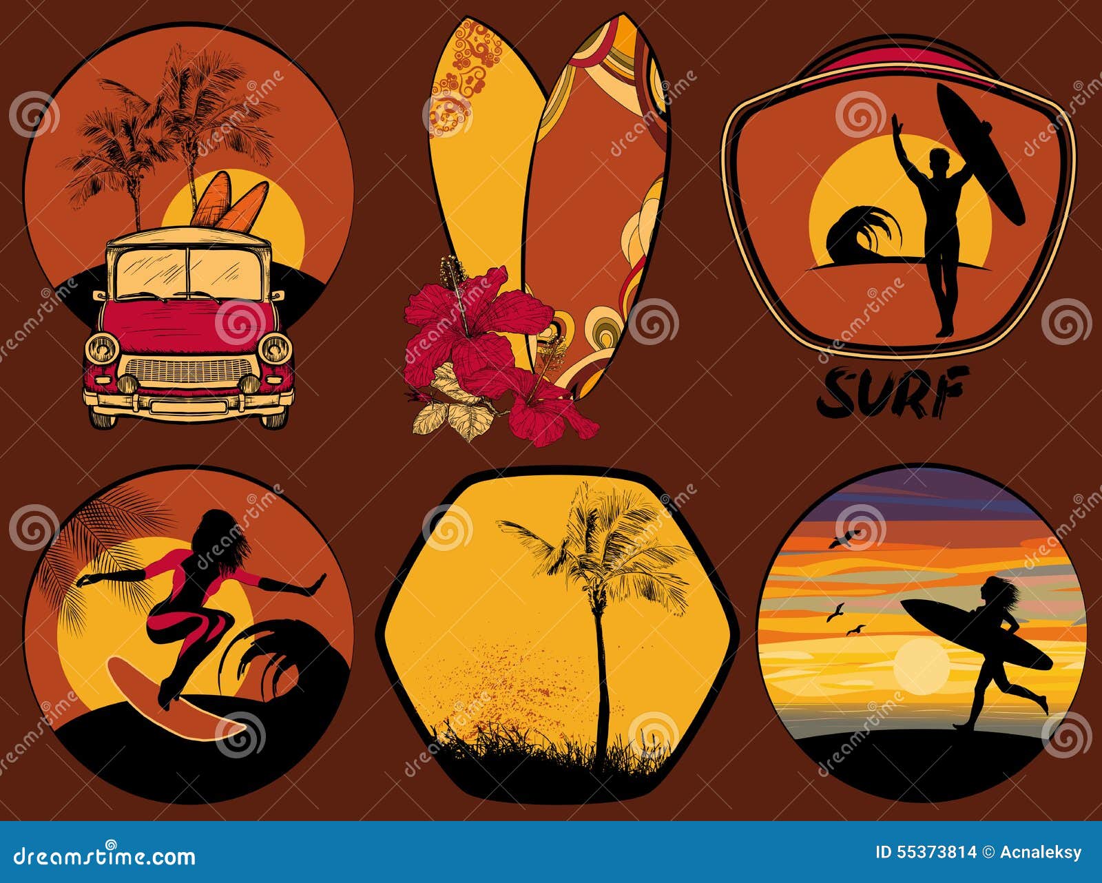 Set of Surfing Design Beach and Ocean Style Badges and Emblems Stock ...