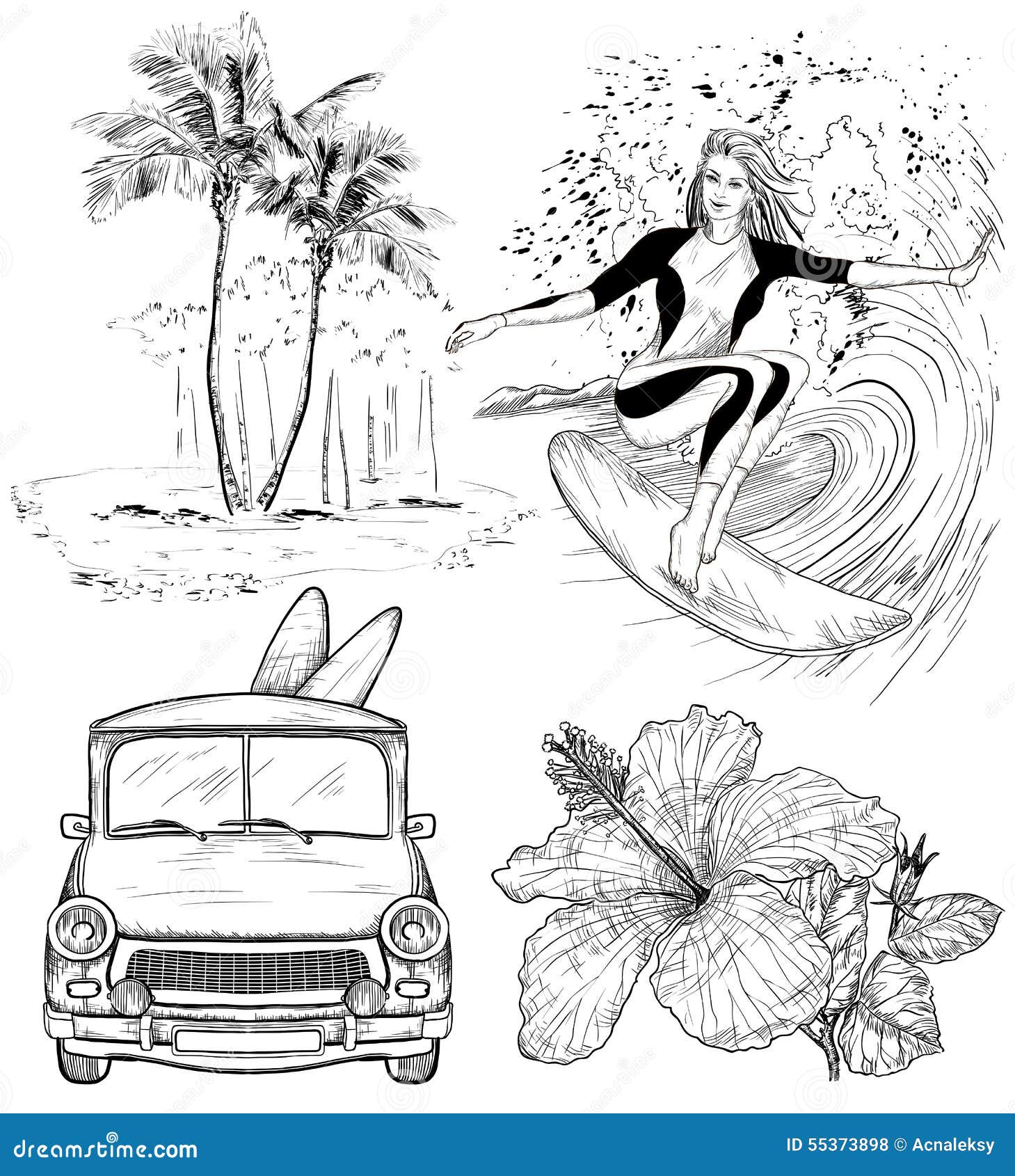 Set of Surfing Design Beach Style Sketches Stock Vector - Illustration ...
