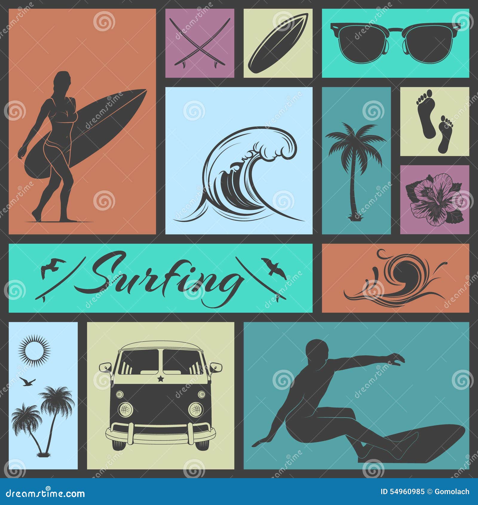 Set of surfing icons stock vector. Illustration of sport - 54960985