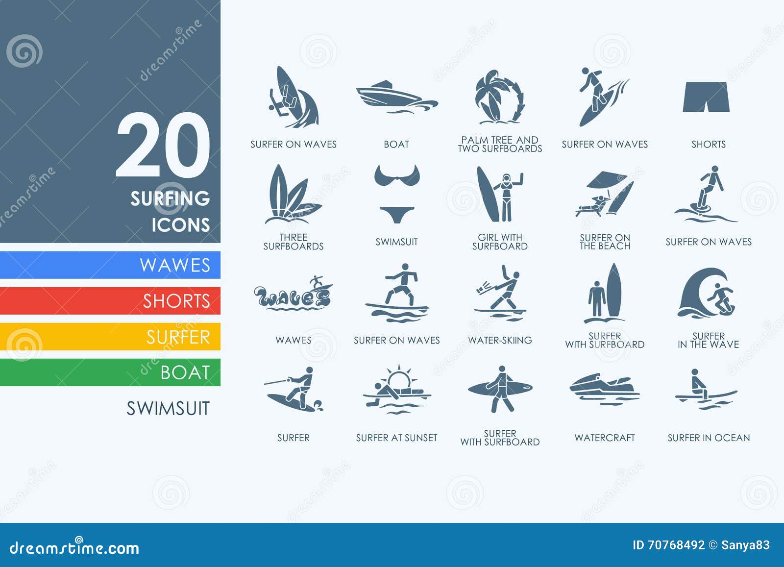 Set of surfing icons stock vector. Illustration of graphic - 70768492