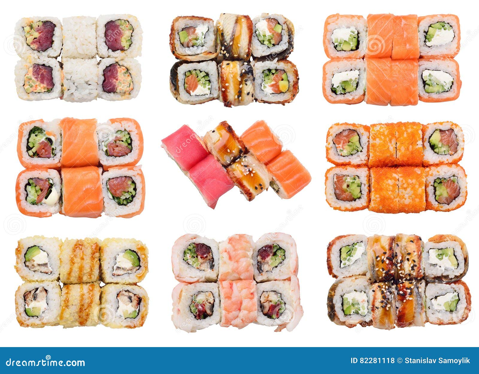 Set of Sushi Fresh Rolls Isolated Stock Photo - Image of dish, group ...