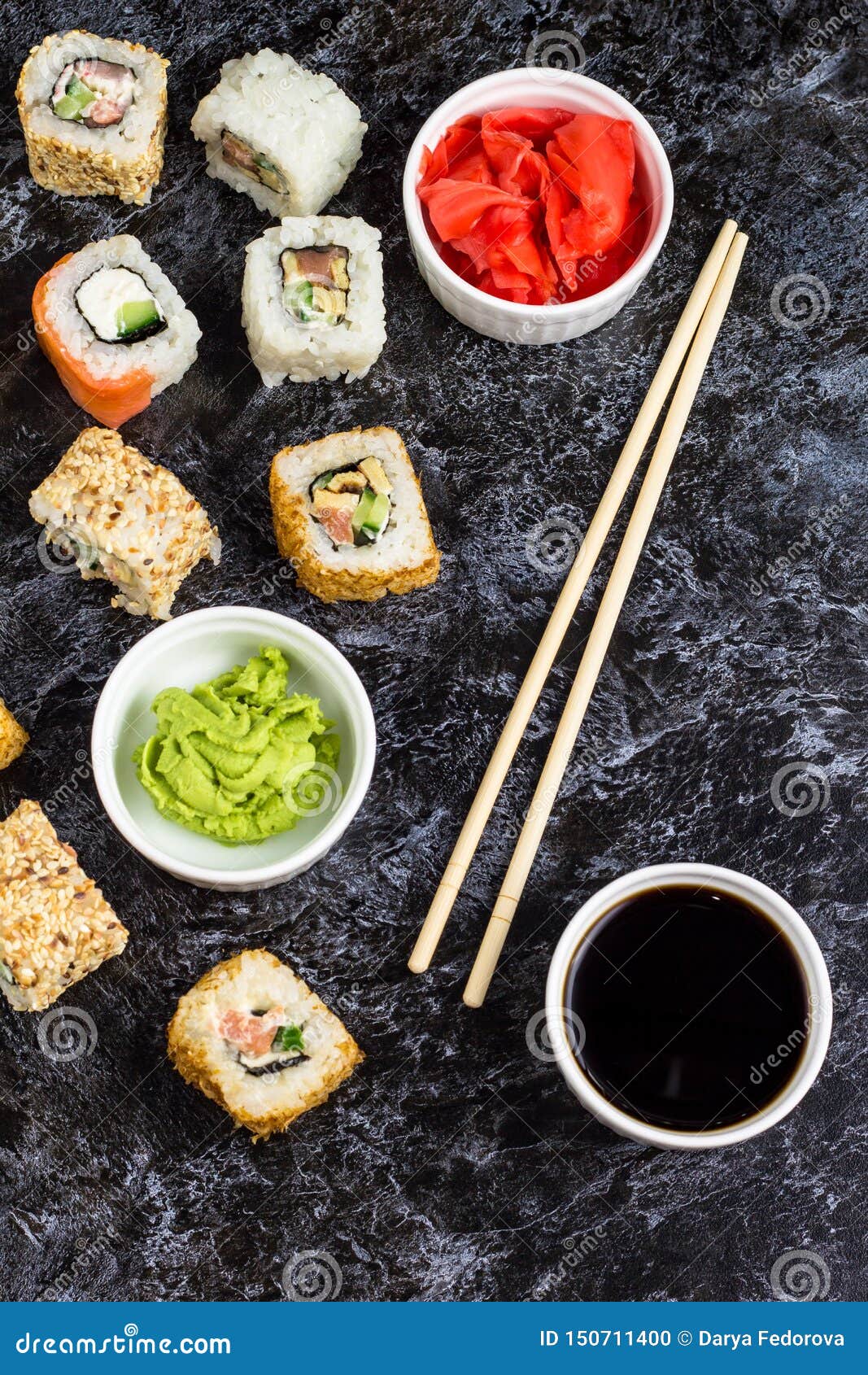 Set of Sushi and Maki on Stone Table. Top View Stock Photo - Image of ...