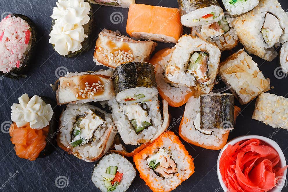 Set of Sushi and Maki on Stone Table. Top View with Copy Space Stock ...