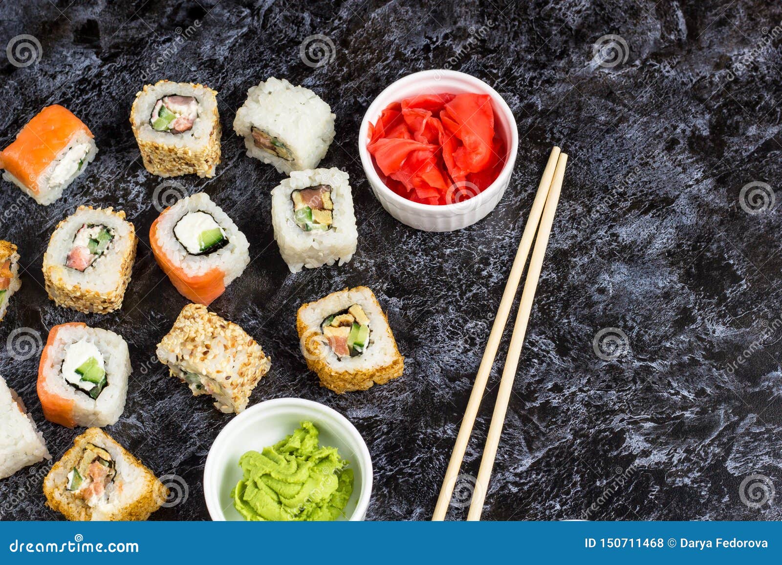 Set of Sushi and Maki on Stone Table. Top View with Copy Space Stock ...