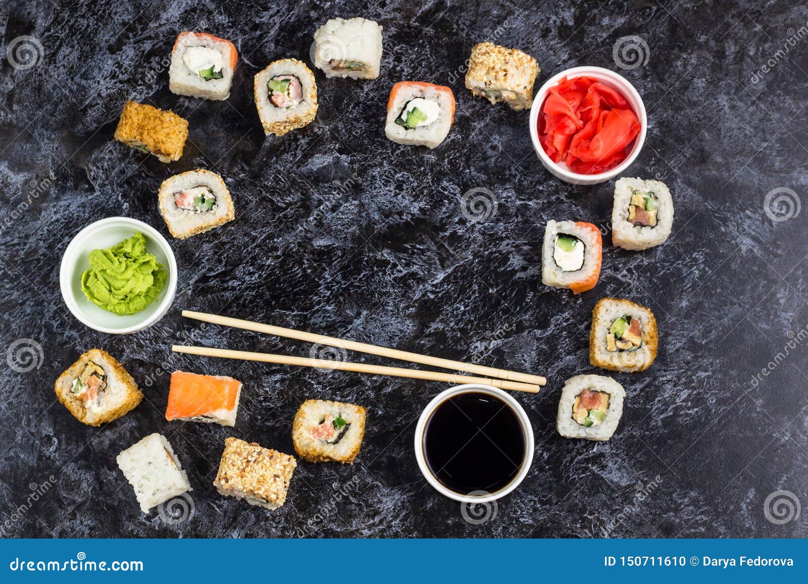 Set of Sushi and Maki on Stone Table. Top View with Copy Space Stock ...
